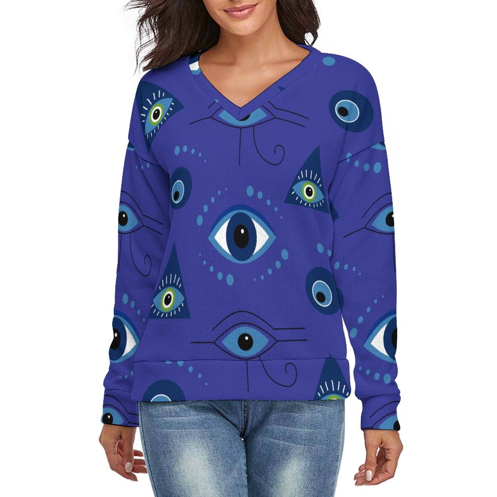 ANYWAY.GO Trendy Fall Fashion Women V Neck SweaterEyes Patter Mystical ...