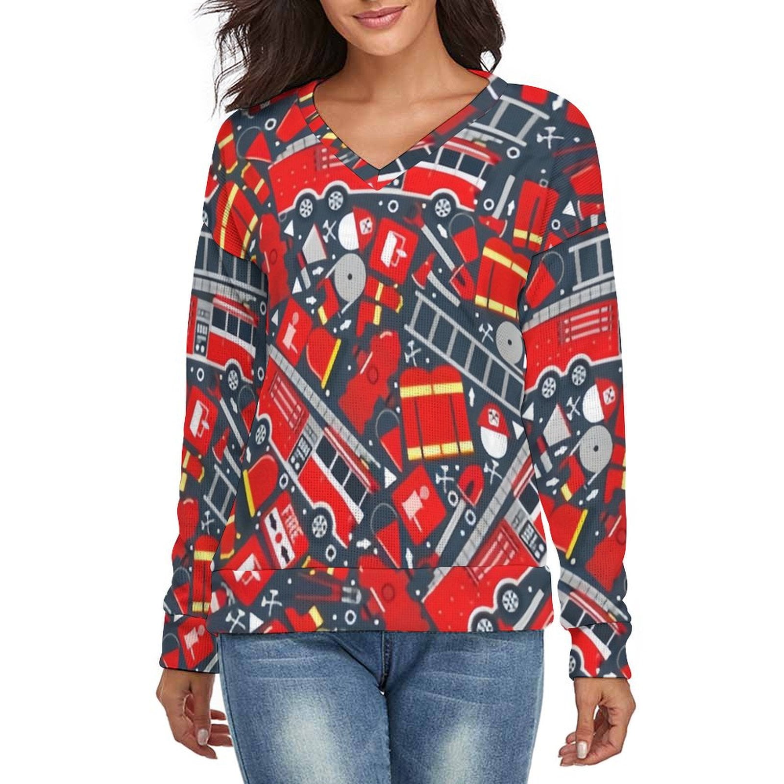ANYWAY.GO Trendy Fall Fashion Women V Neck SweaterFire Flame Safety ...