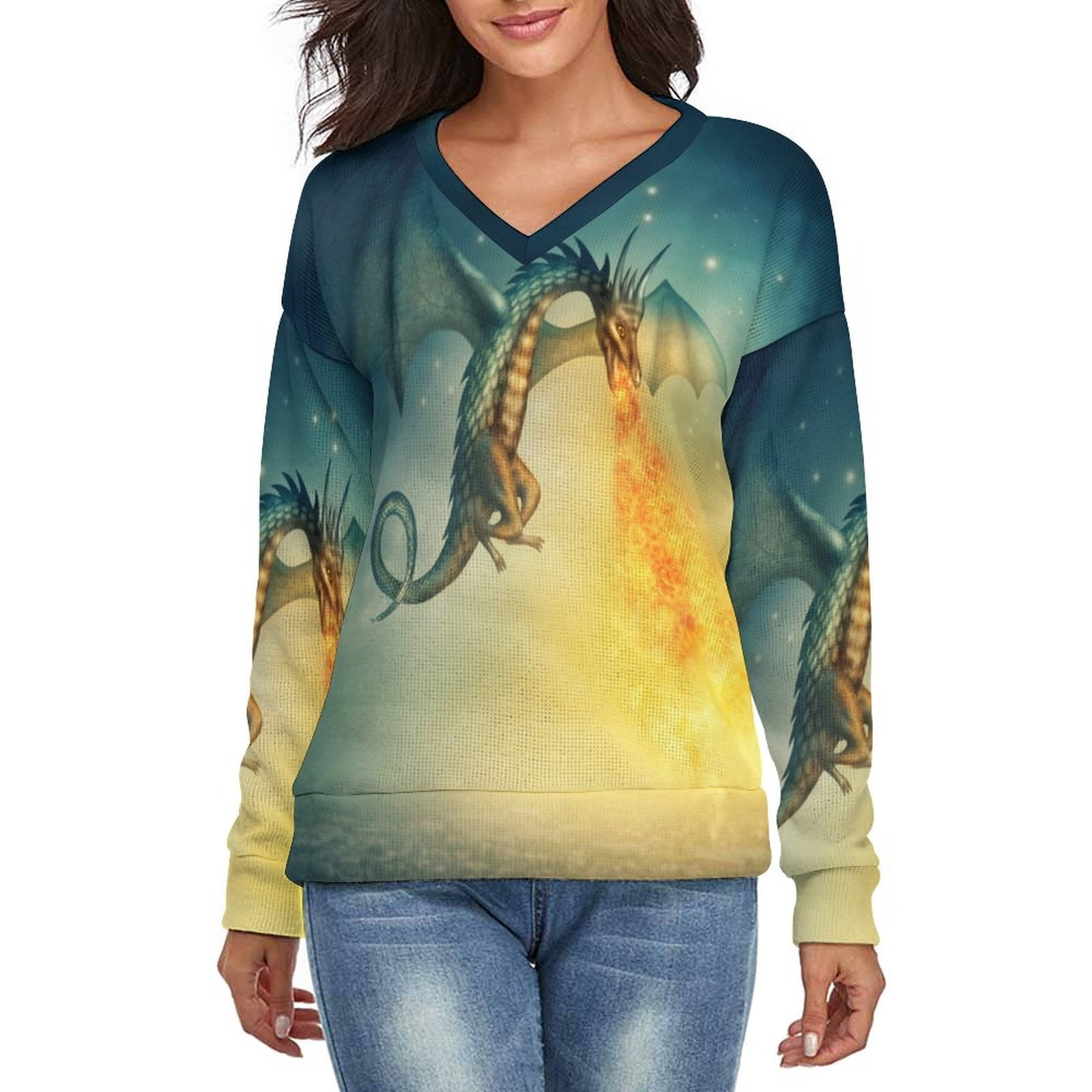 ANYWAY.GO Trendy Fall Fashion Women V Neck SweaterFlying Fantasy Dragon ...
