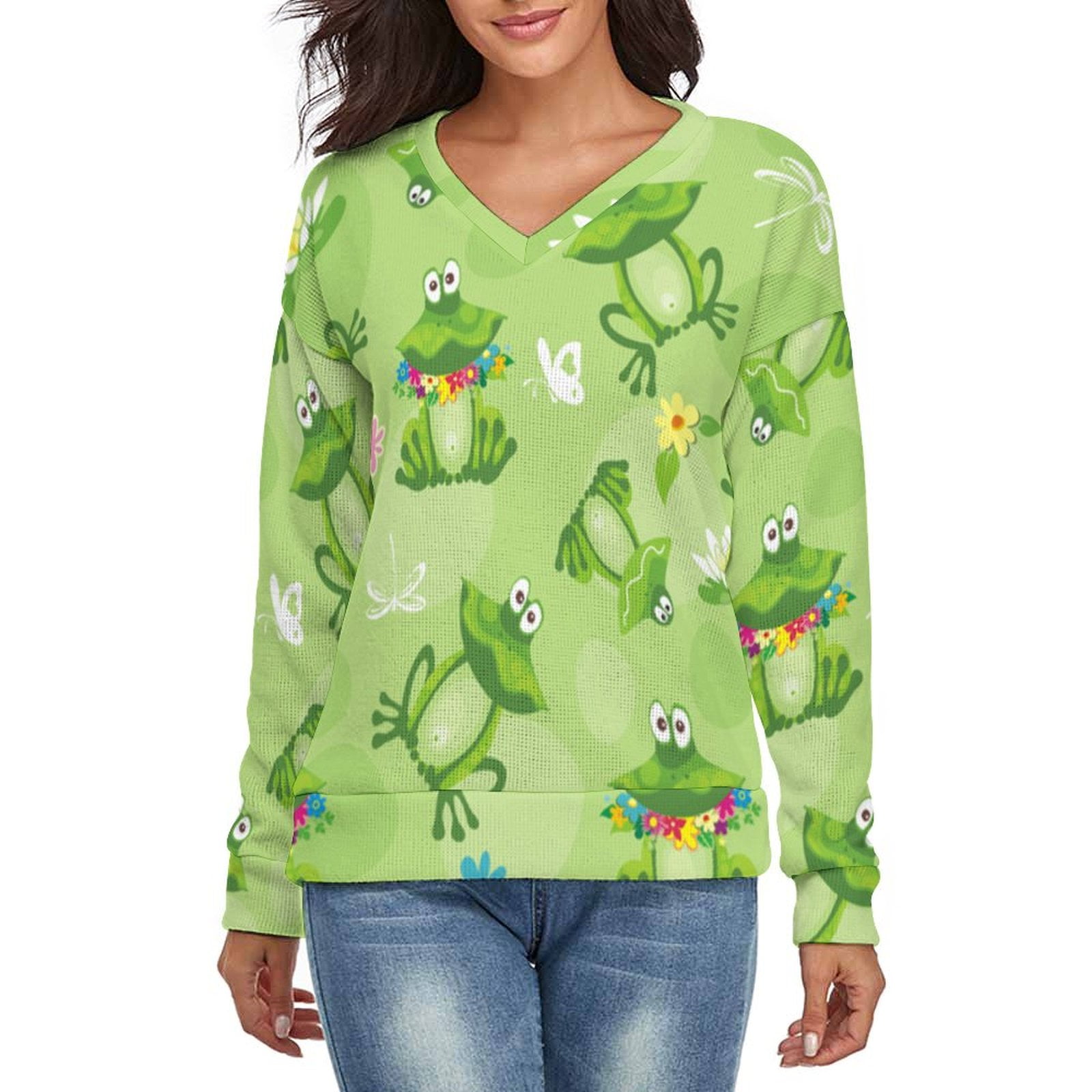 ANYWAY.GO Trendy Fall Fashion Women V Neck SweaterFrogs Toads Pattern ...