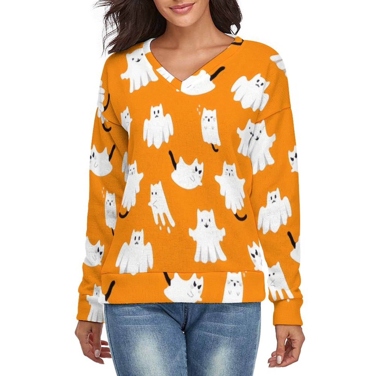 ANYWAY.GO Trendy Fall Fashion Women V Neck SweaterGhost Cute Halloween ...