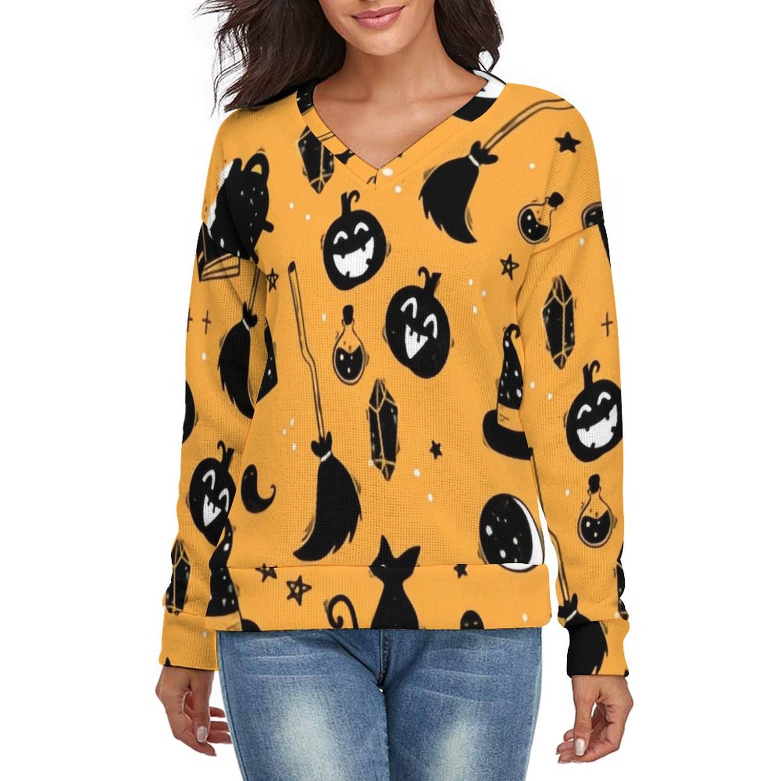 ANYWAY.GO Trendy Fall Fashion Women V Neck SweaterHalloween Cute Hand ...