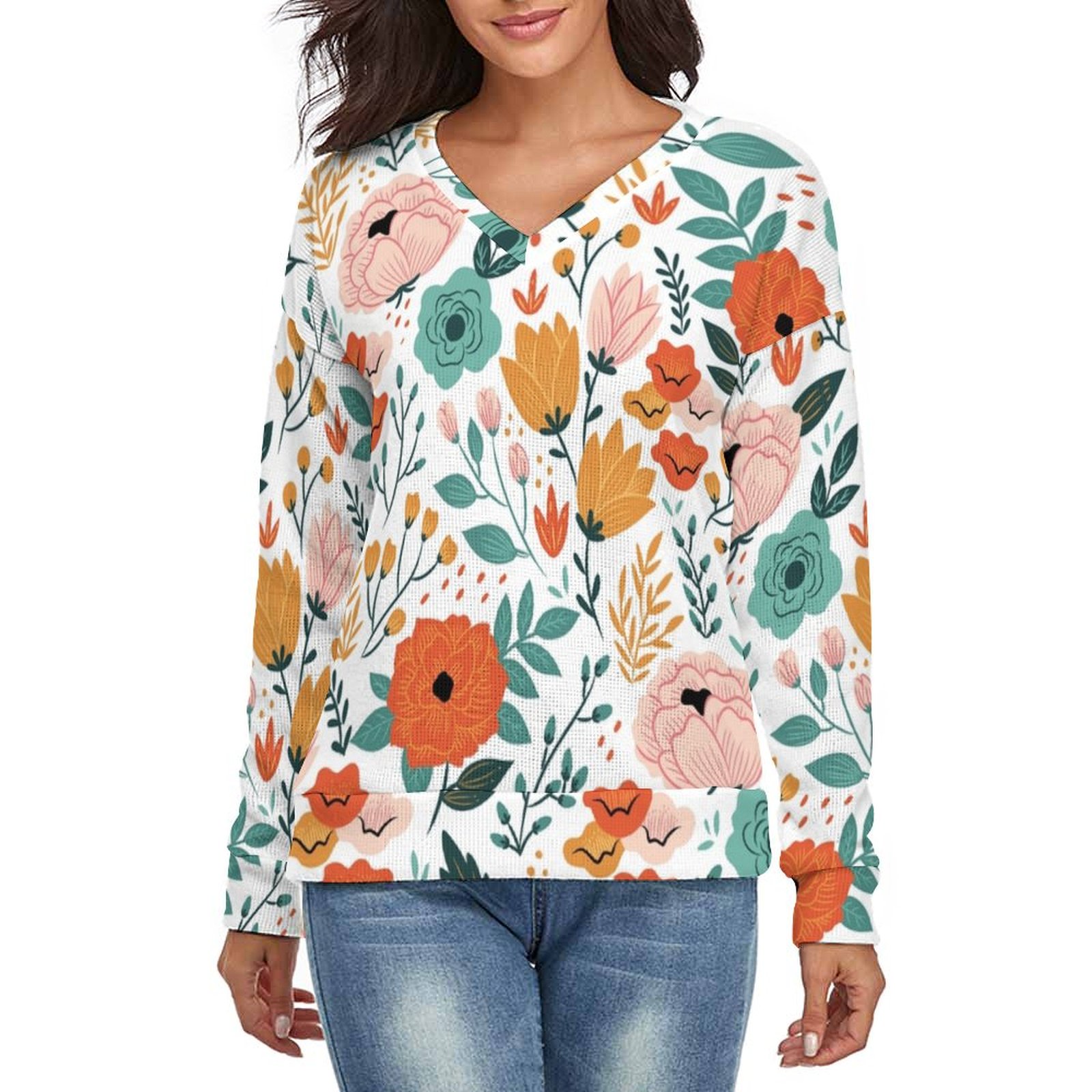 ANYWAY.GO Trendy Fall Fashion Women V Neck SweaterHand Drawn Natural ...
