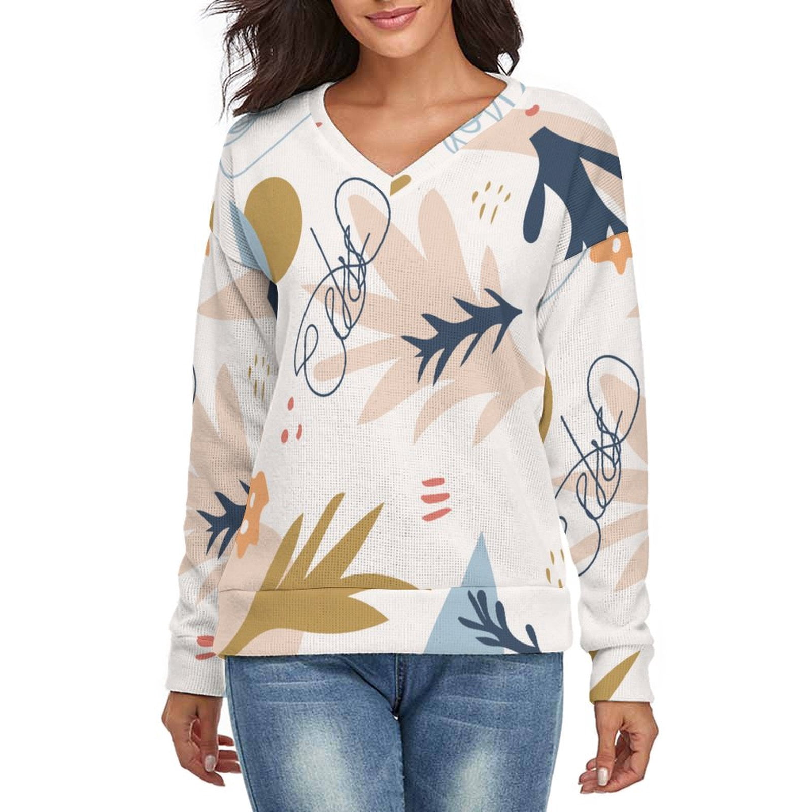 ANYWAY.GO Trendy Fall Fashion Women V Neck SweaterHand Drawn Wrapping ...