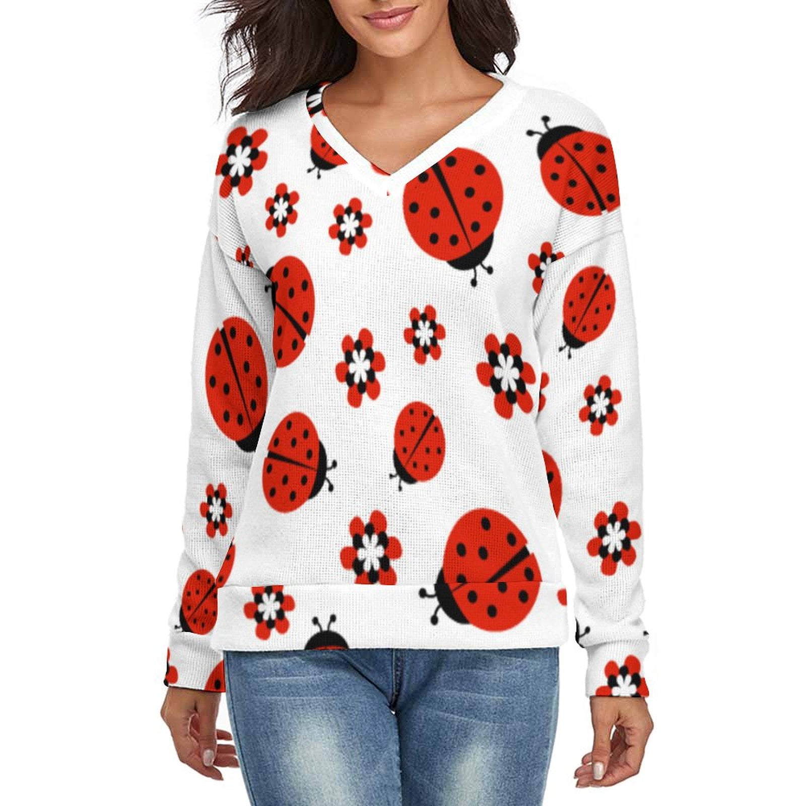 ANYWAY.GO Trendy Fall Fashion Women V Neck SweaterLadybugs Red Flowers ...