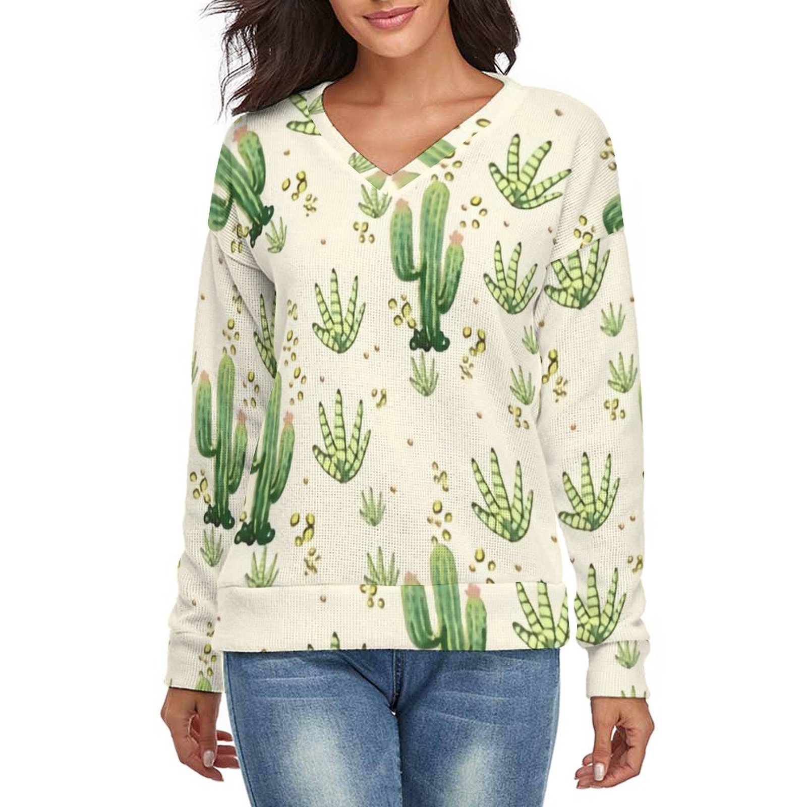 ANYWAY.GO Trendy Fall Fashion Women V Neck SweaterPattern Cactus Desert ...