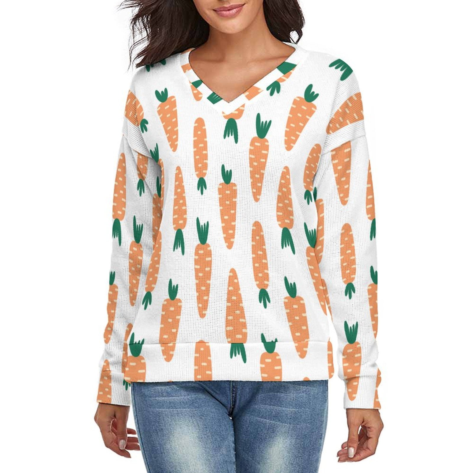 ANYWAY.GO Trendy Fall Fashion Women V Neck SweaterPattern Carrots White ...