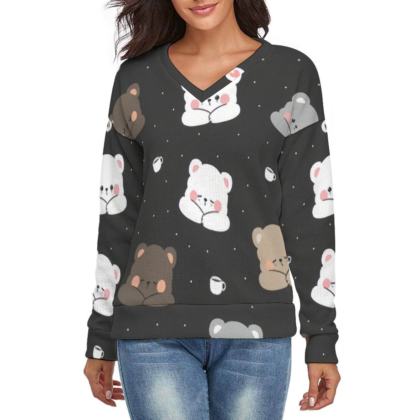 ANYWAY.GO Trendy Fall Fashion Women V Neck SweaterPattern Cute Bear ...