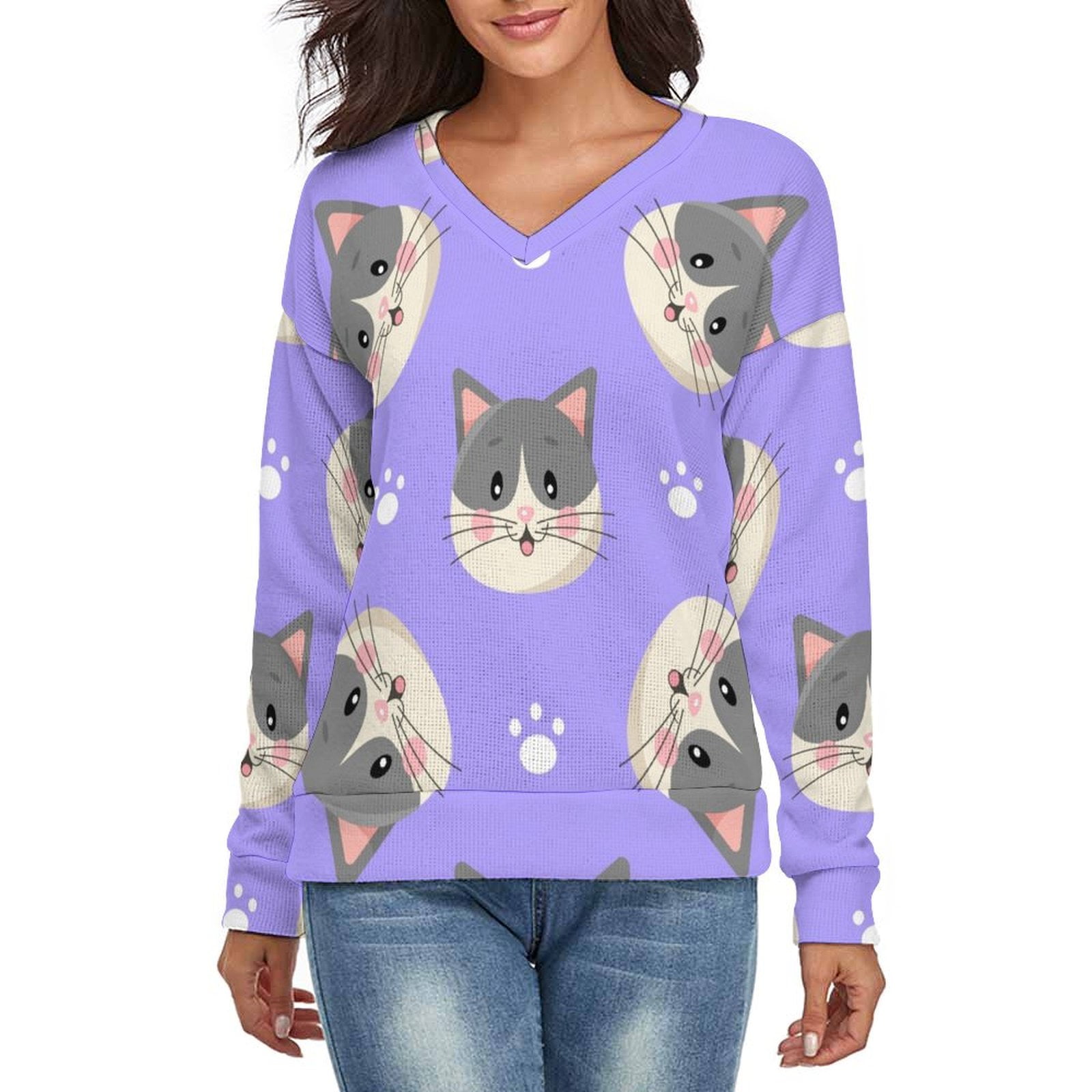 ANYWAY.GO Trendy Fall Fashion Women V Neck SweaterPattern Cute Cartoon ...