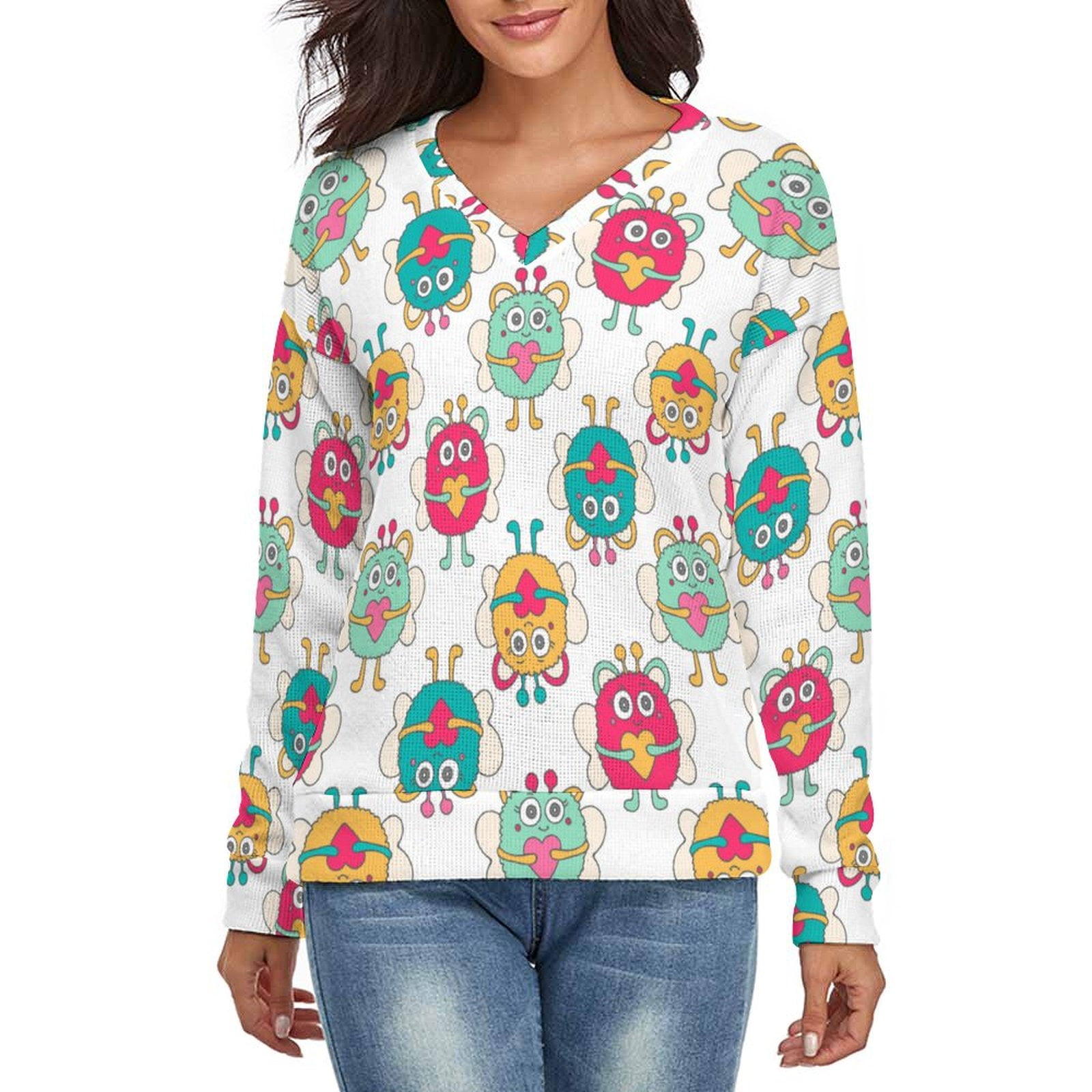 ANYWAY.GO Trendy Fall Fashion Women V Neck SweaterPattern Cute Colorful ...