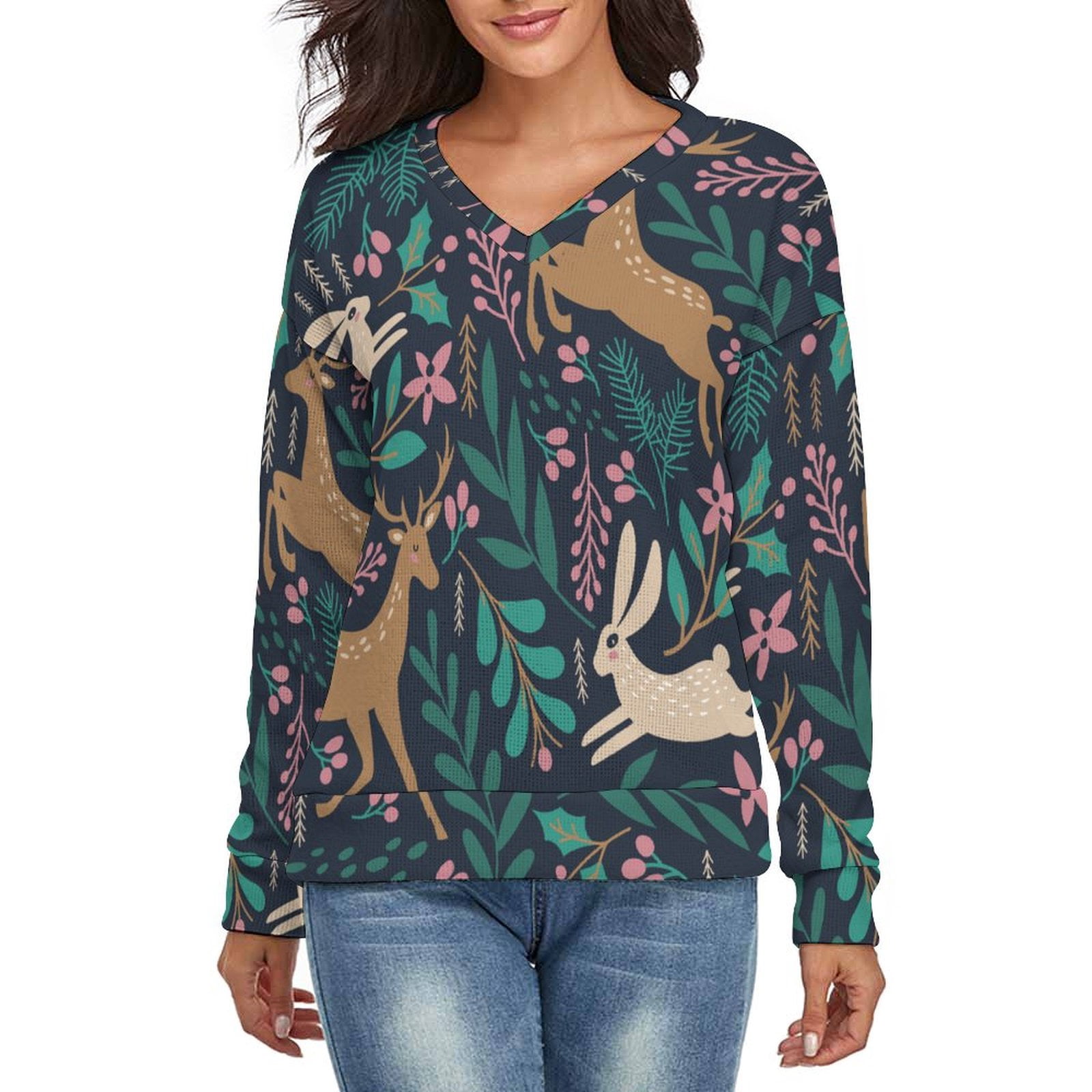 ANYWAY.GO Trendy Fall Fashion Women V Neck SweaterPattern Deer Rabbit ...