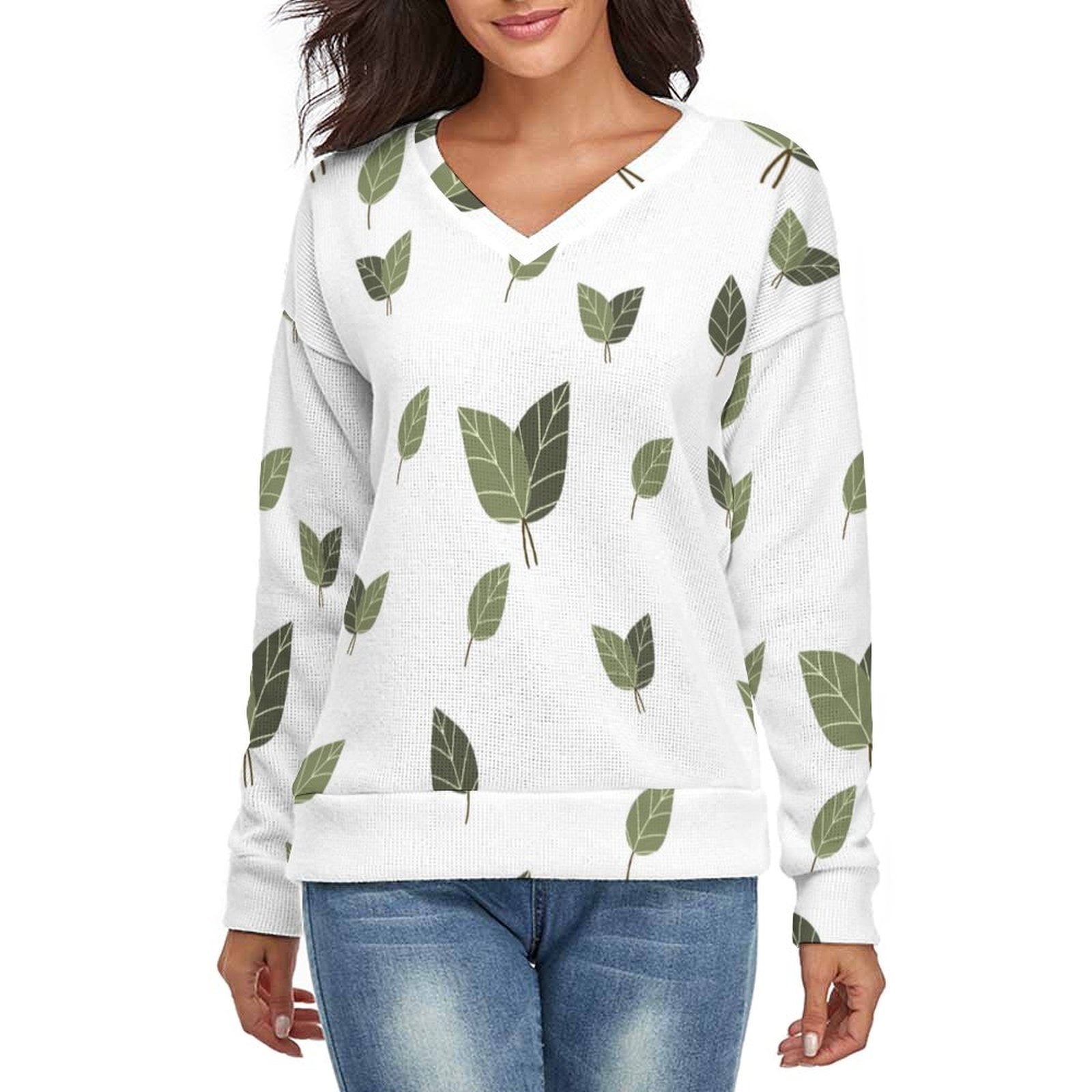 ANYWAY.GO Trendy Fall Fashion Women V Neck SweaterPattern Eucalyptus ...