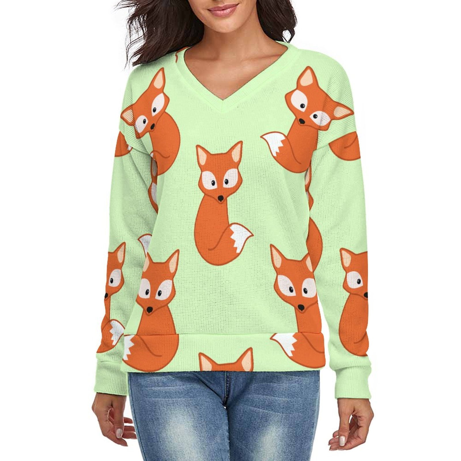 ANYWAY.GO Trendy Fall Fashion Women V Neck SweaterPattern Fox Casual ...