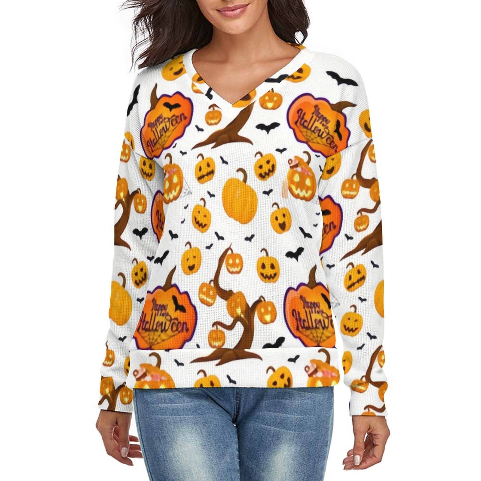 ANYWAY.GO Trendy Fall Fashion Women V Neck SweaterPattern Halloween ...