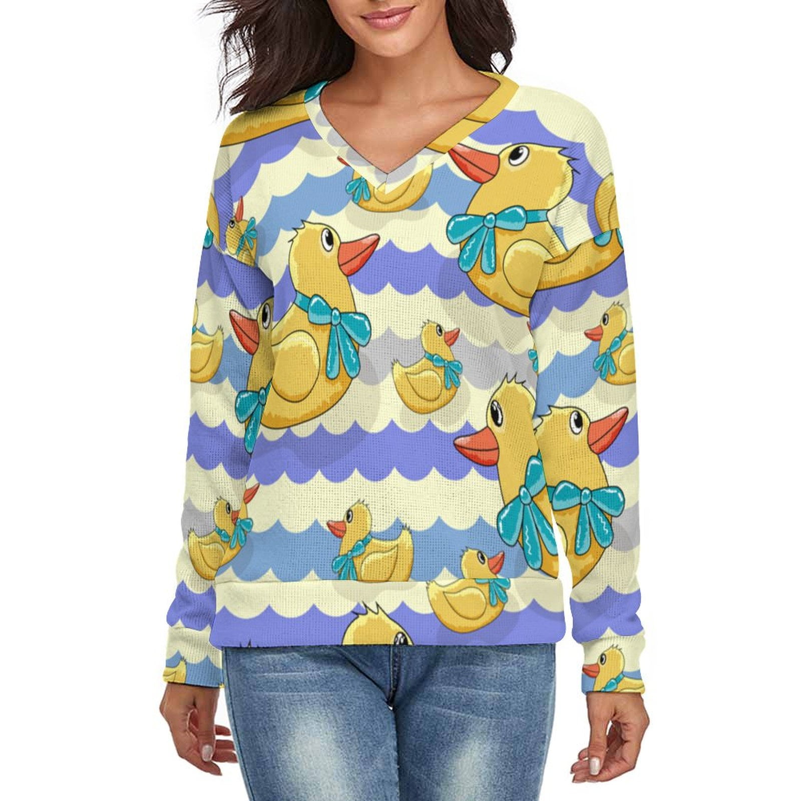 ANYWAY.GO Trendy Fall Fashion Women V Neck SweaterPattern Little Ducks ...