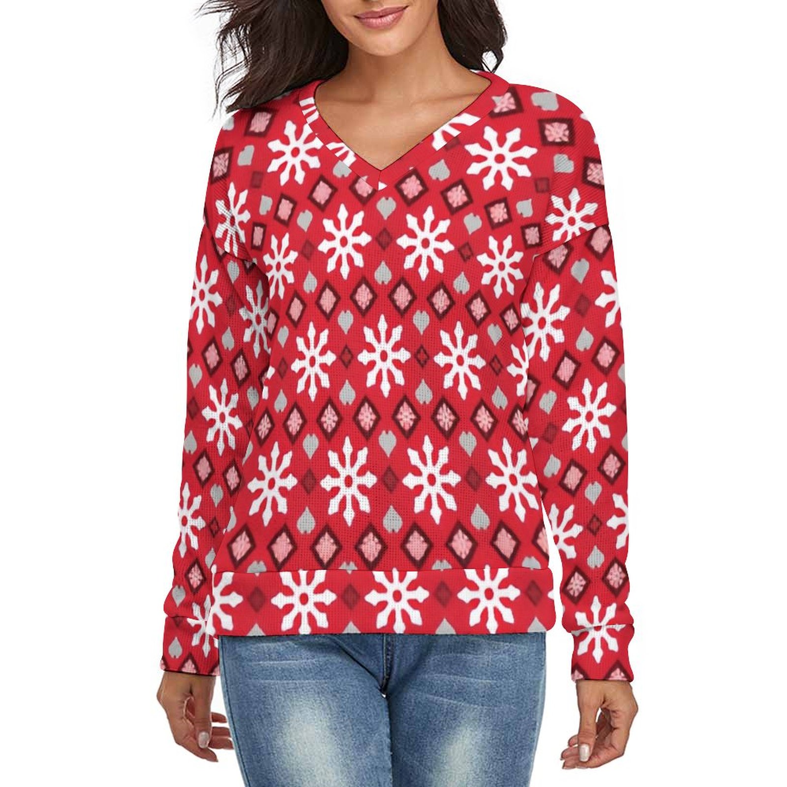ANYWAY.GO Trendy Fall Fashion Women V Neck SweaterPattern Ornament ...