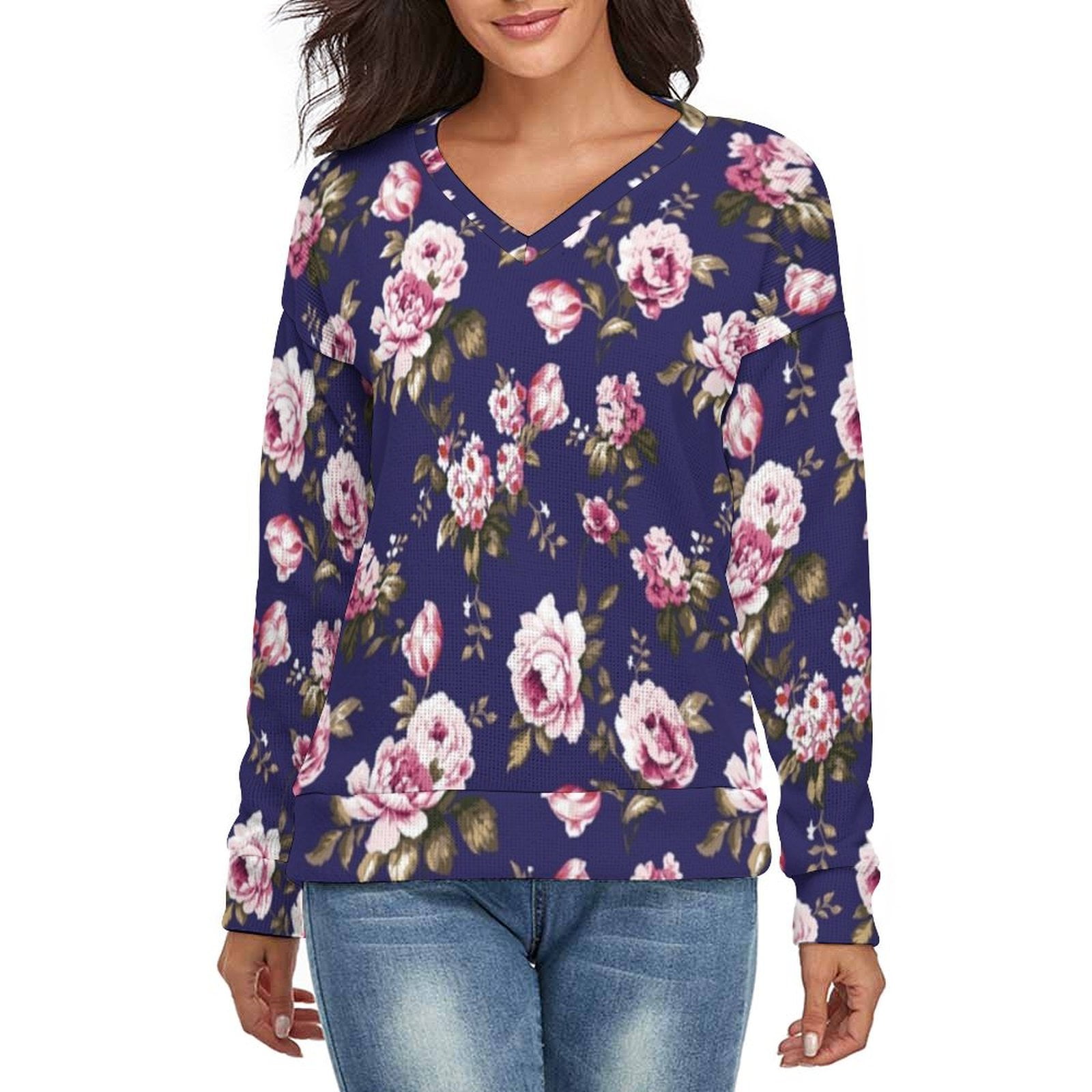 ANYWAY.GO Trendy Fall Fashion Women V Neck SweaterPattern Plant Fashion ...