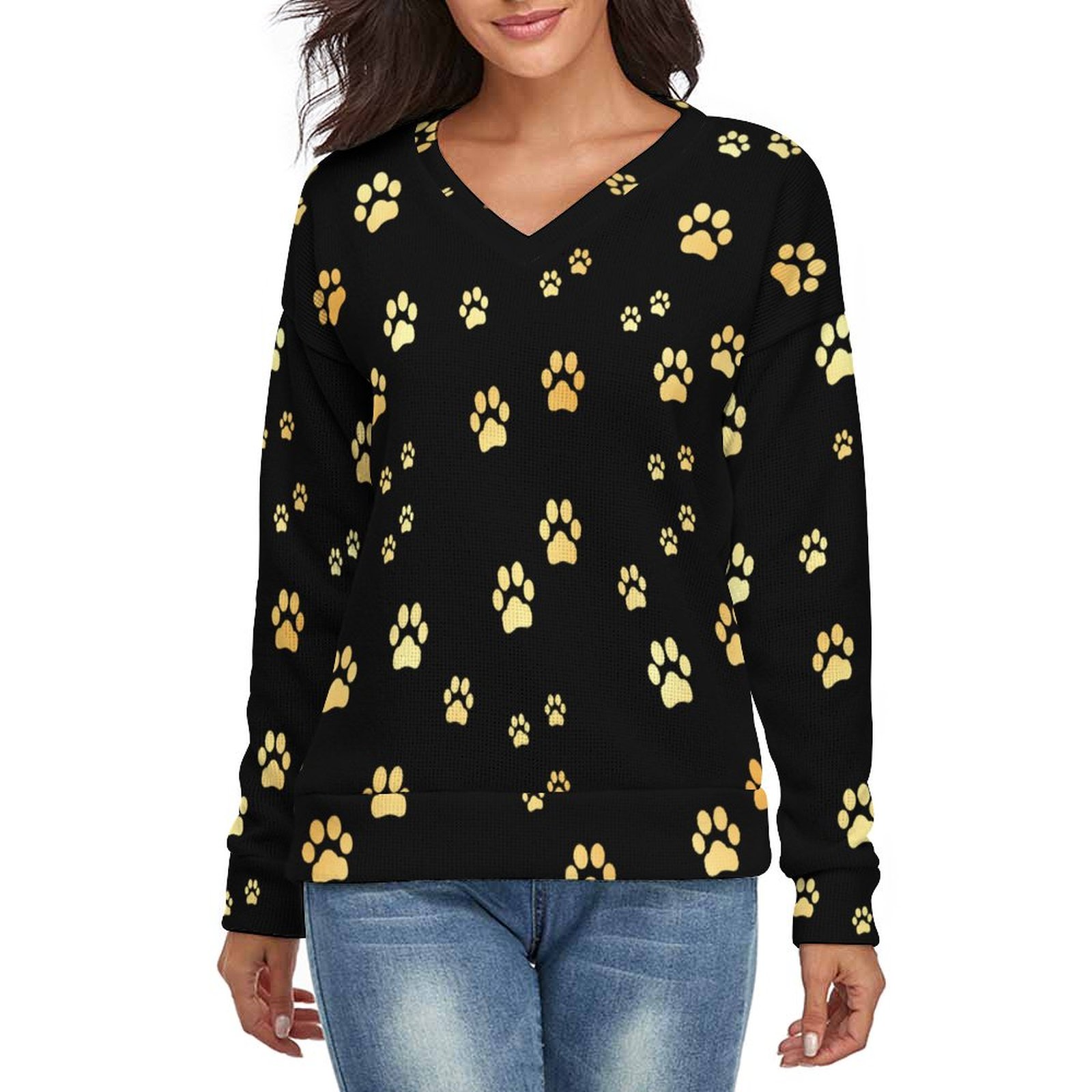 ANYWAY.GO Trendy Fall Fashion Women V Neck SweaterPattern Print Gold ...