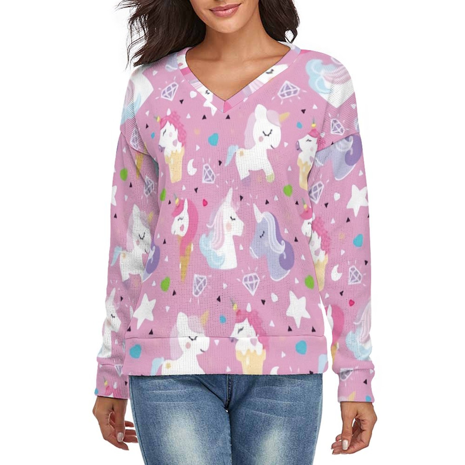 ANYWAY.GO Trendy Fall Fashion Women V Neck SweaterPattern Unicorn Pony ...