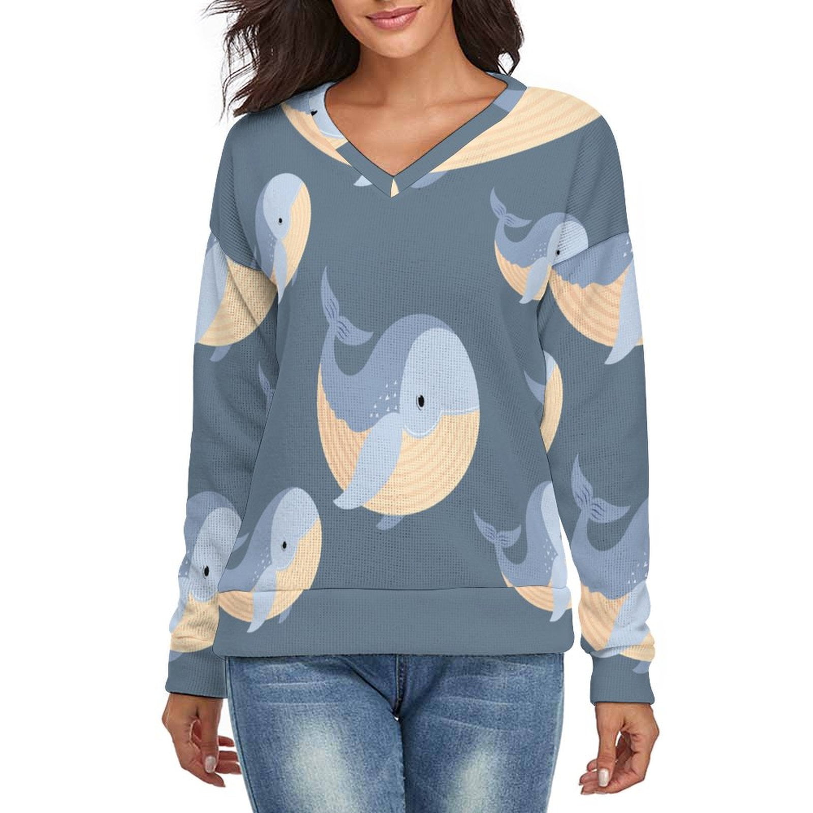ANYWAY.GO Trendy Fall Fashion Women V Neck SweaterPattern Whale Cartoon ...