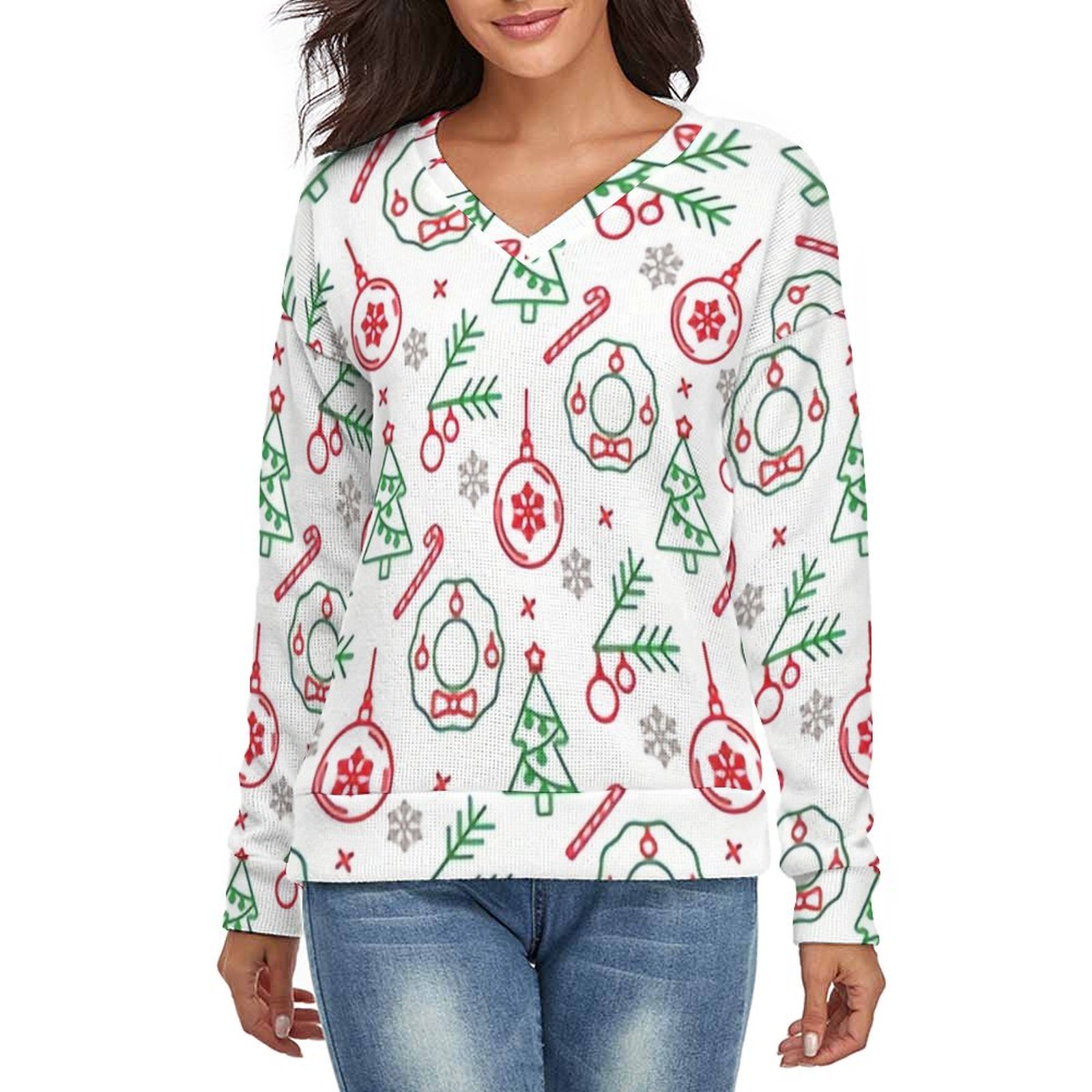 ANYWAY.GO Trendy Fall Fashion Women V Neck SweaterRed Green New Year ...