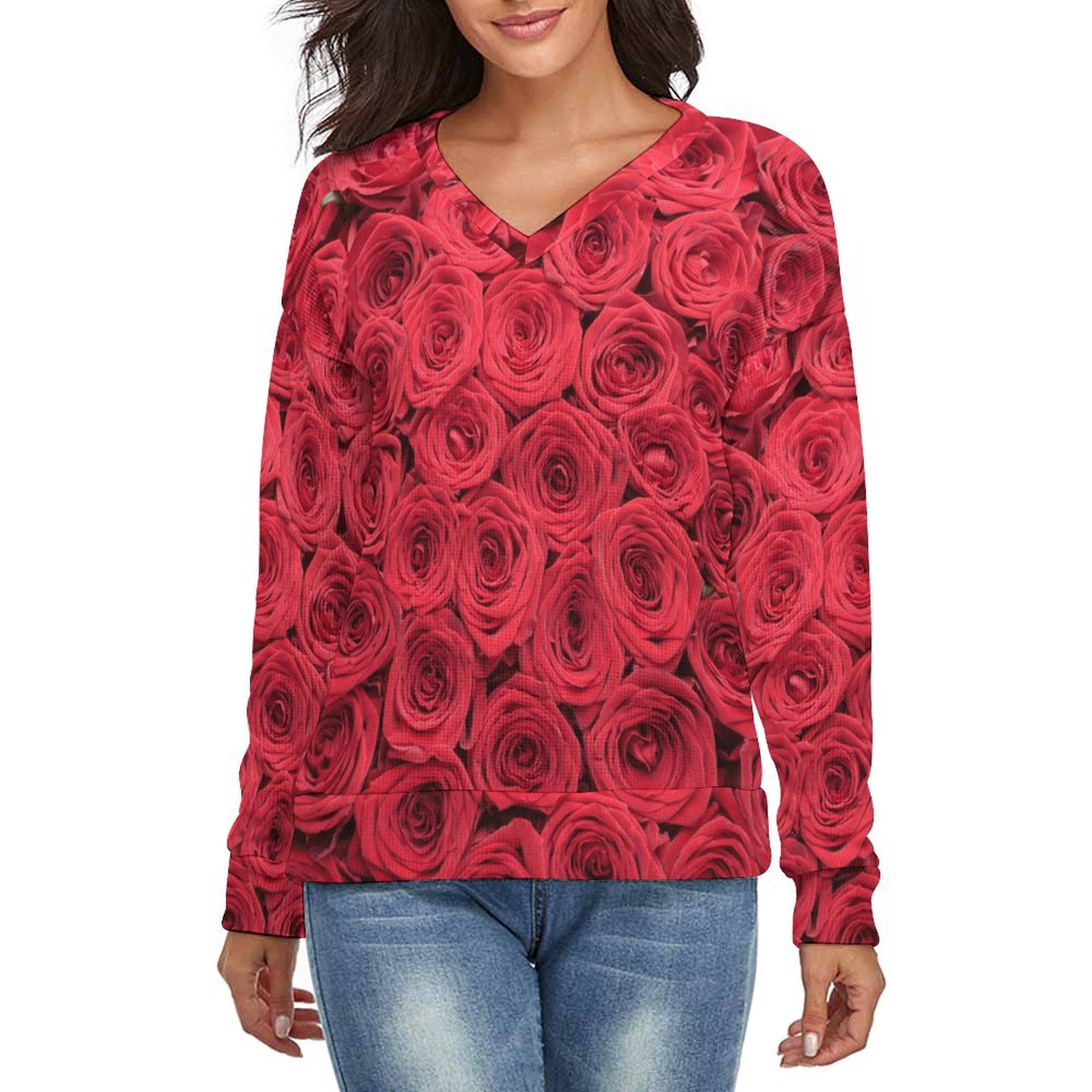 ANYWAY.GO Trendy Fall Fashion Women V Neck SweaterRed Roses Bouquet ...