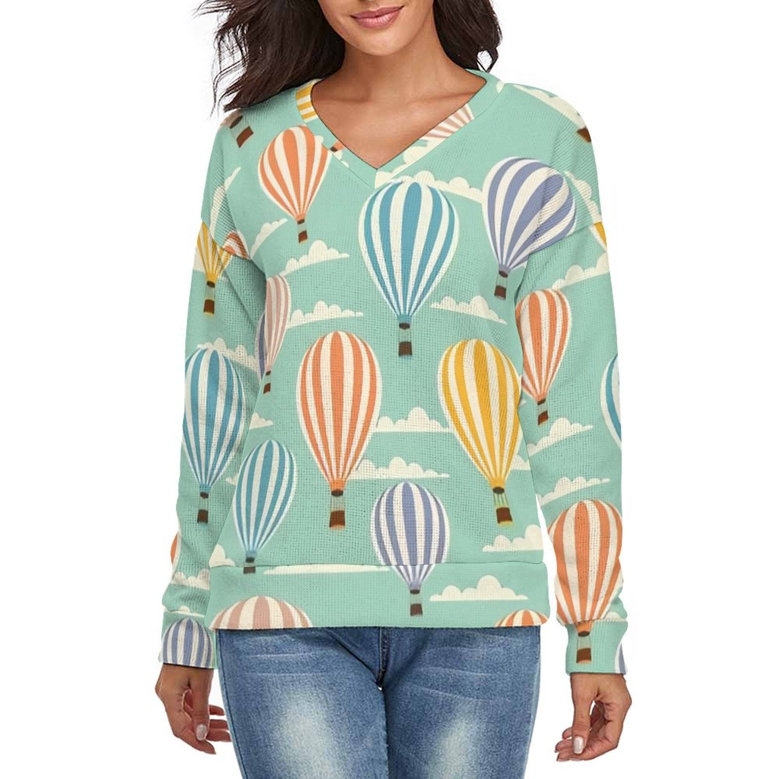 ANYWAY.GO Trendy Fall Fashion Women V Neck SweaterRetro Travel Pattern ...