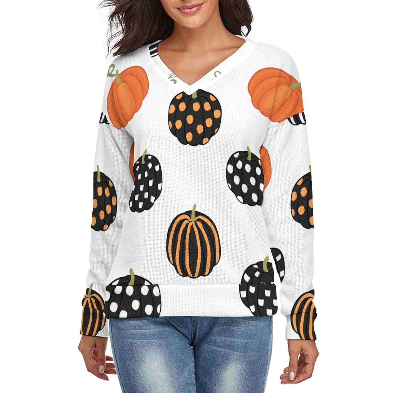 ANYWAY.GO Trendy Fall Fashion Women V Neck SweaterStylized Pattern ...