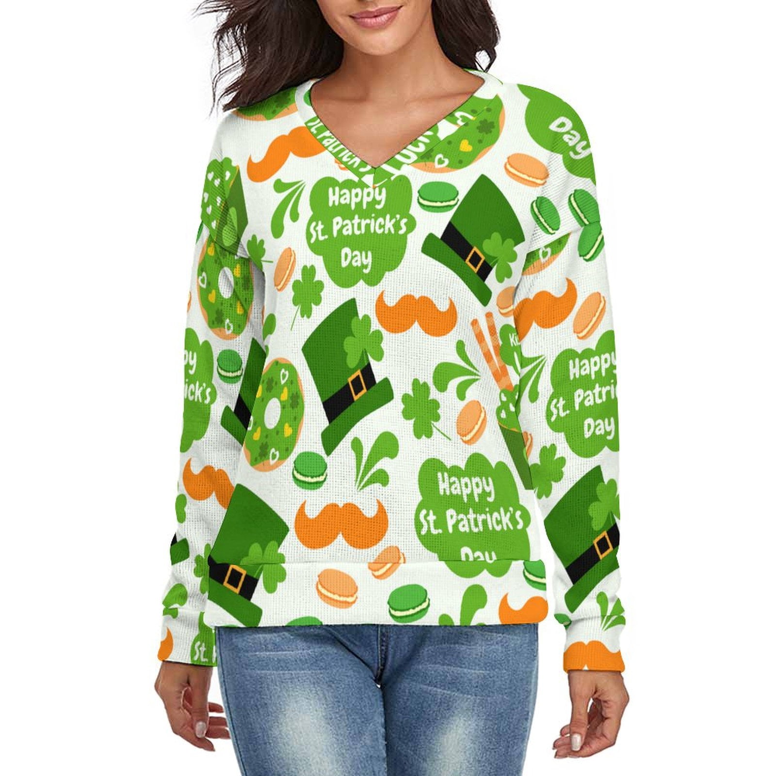 ANYWAY.GO Trendy Fall Fashion Women V Neck SweaterSweet Pattern Donuts ...