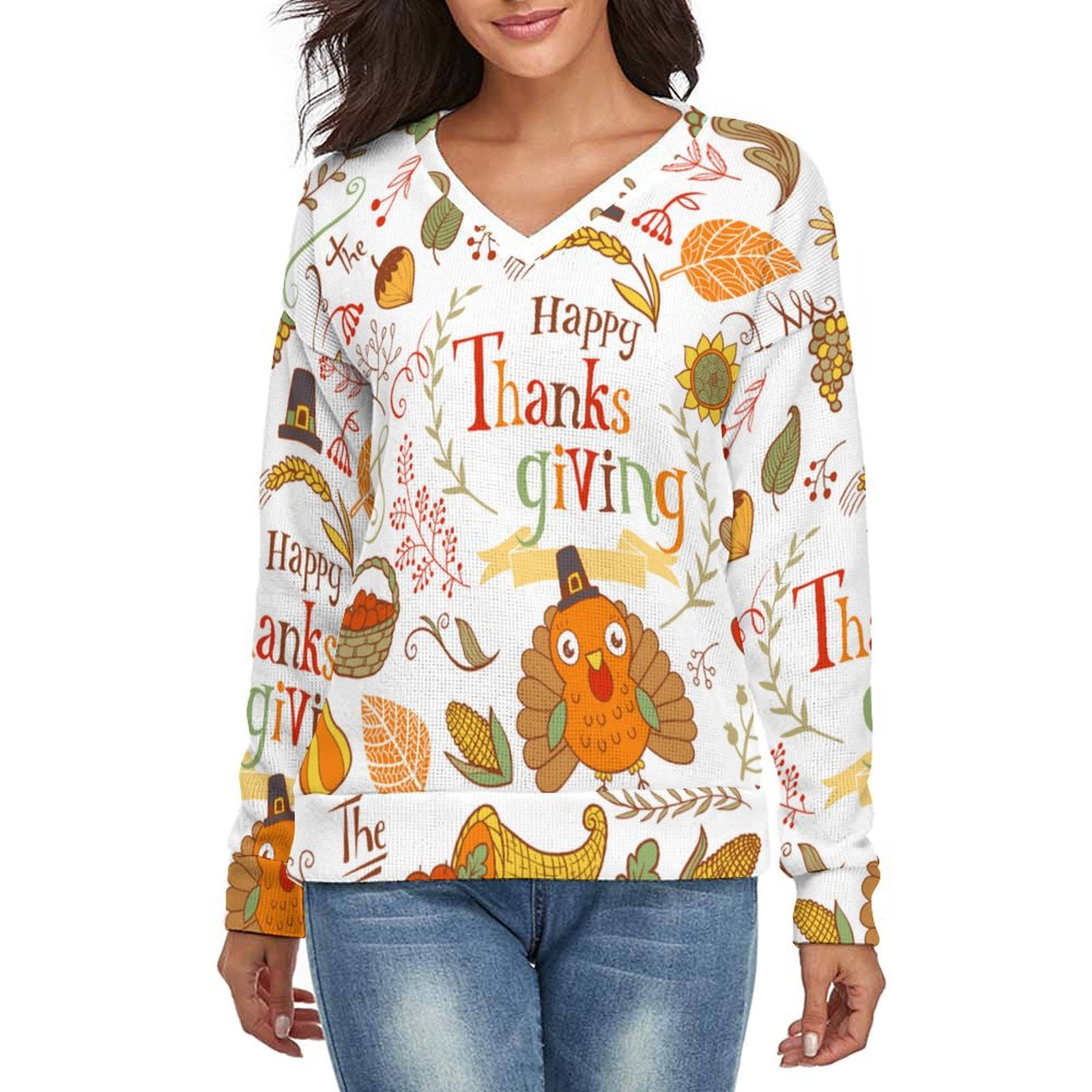 ANYWAY.GO Trendy Fall Fashion Women V Neck SweaterThanksgiving Design ...