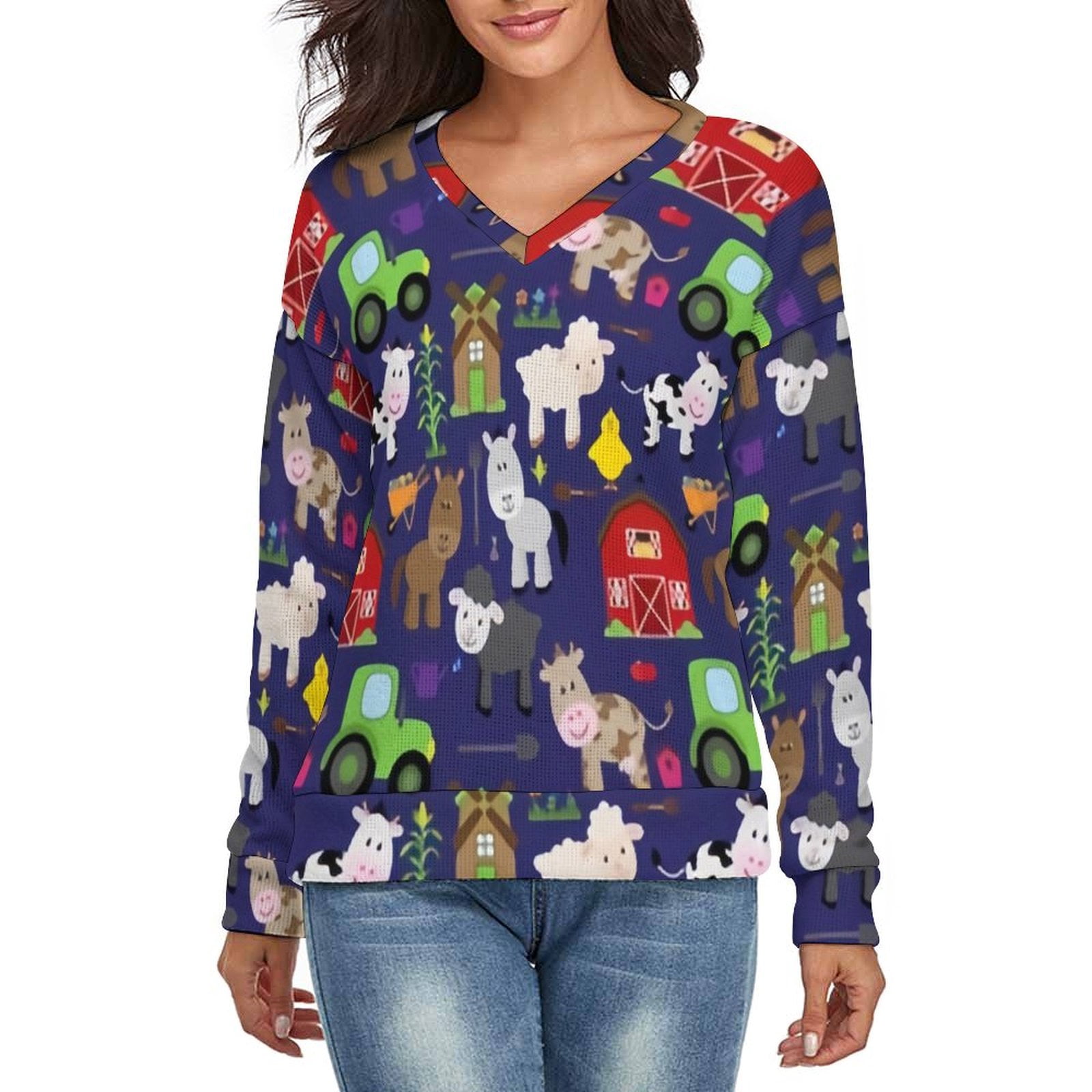 ANYWAY.GO Trendy Fall Fashion Women V Neck SweaterTileable Farm Animal ...
