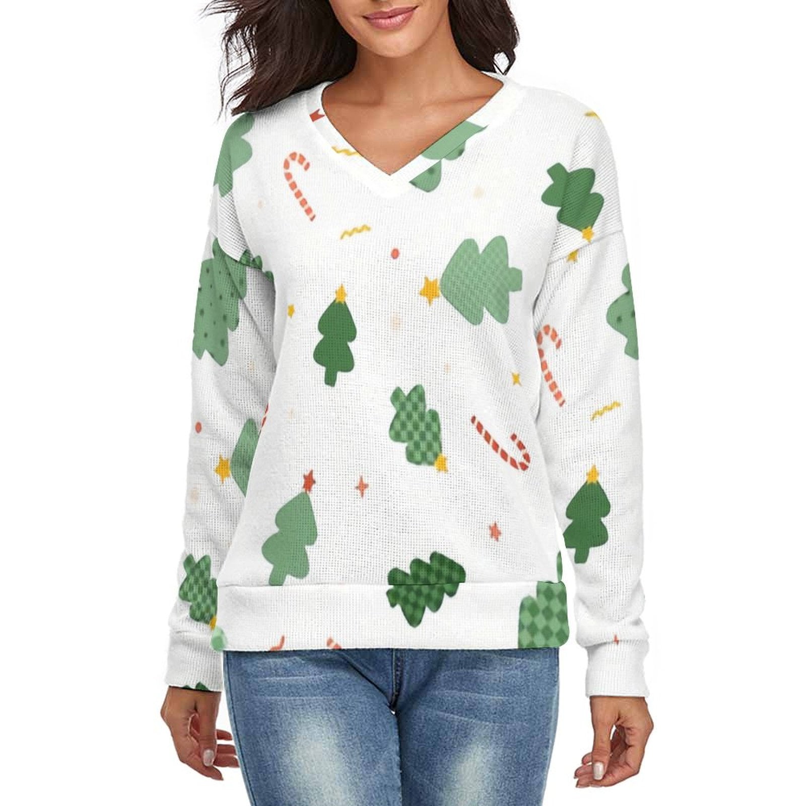 ANYWAY.GO Trendy Fall Fashion Women V Neck SweaterTrees Pattern ...