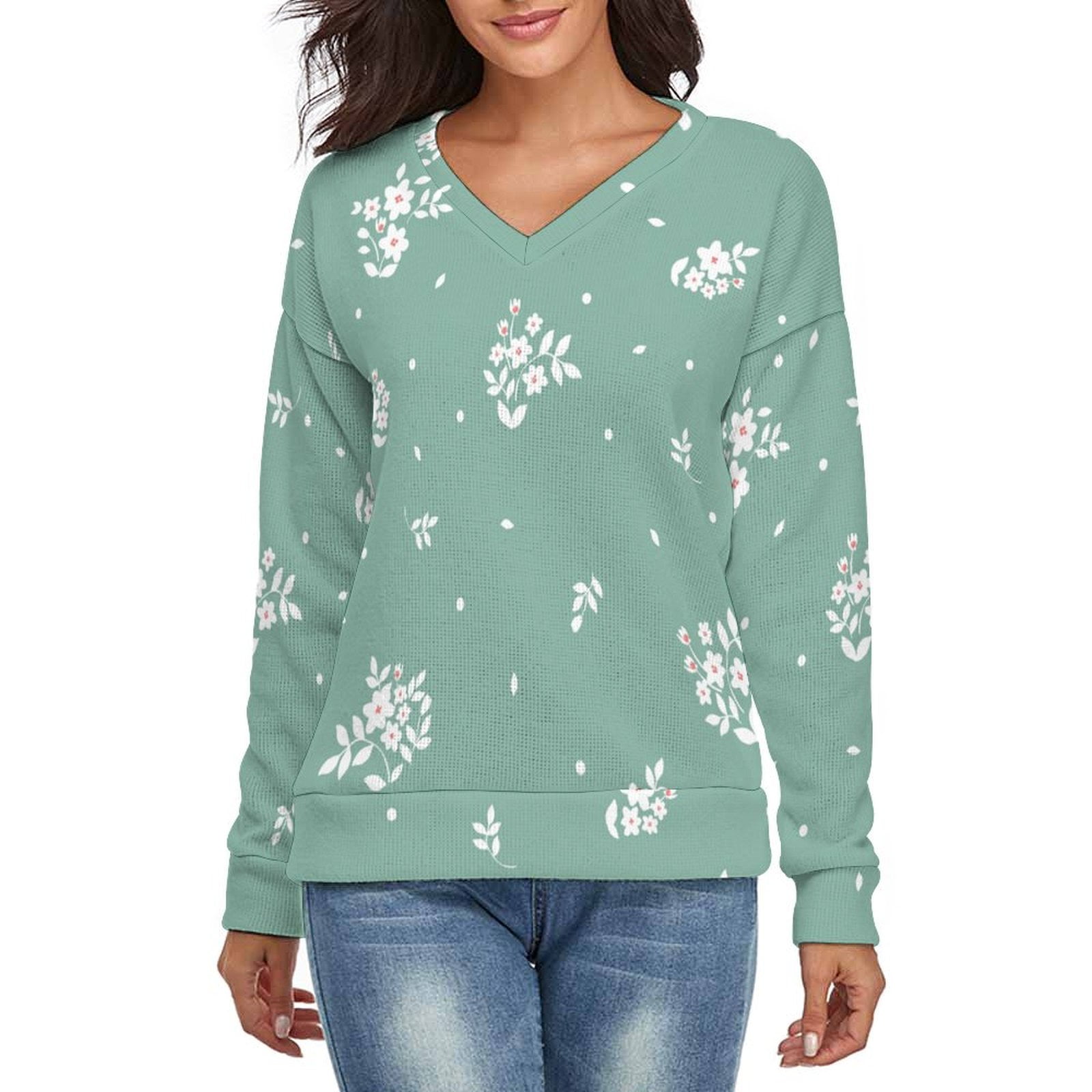 ANYWAY.GO Trendy Fall Fashion Women V Neck SweaterVintage Pattern Light ...