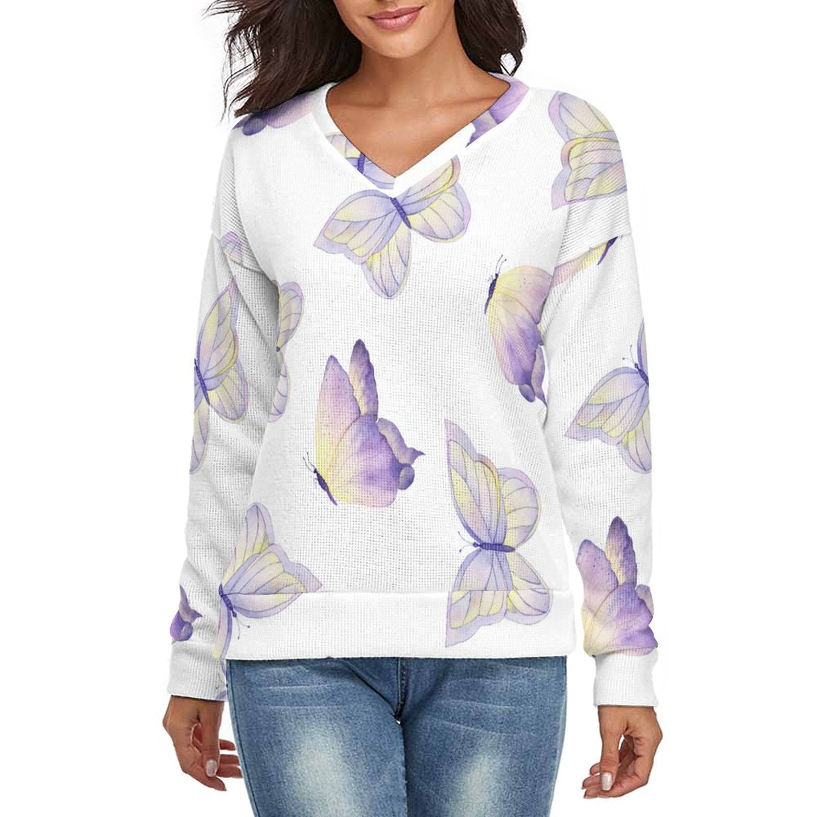 ANYWAY.GO Trendy Fall Fashion Women V Neck SweaterWatercolor Butterfly ...