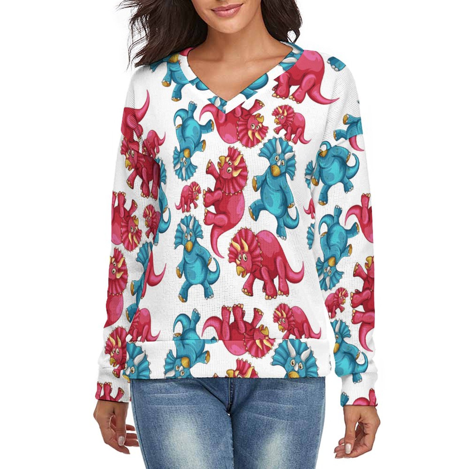 ANYWAY.GO Trendy Fall Fashion Women V Neck Sweaterfantasy dinosaurs ...