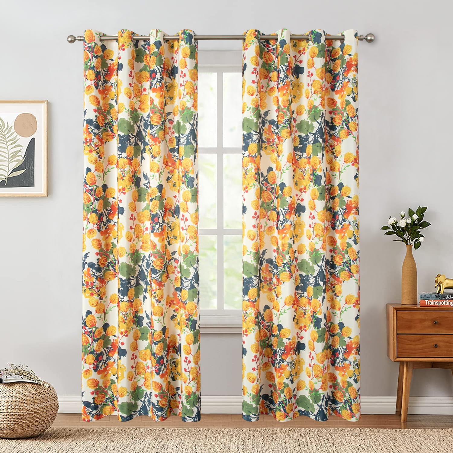 ANYWAY.GO Yellow Floral Curtains 96 Inches Long, Print Light Filtering ...