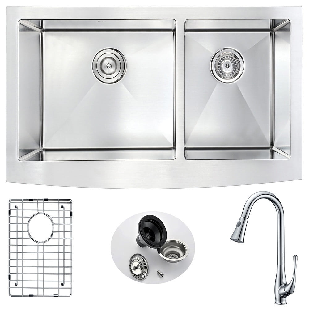 ANZZI Elysian 36" Farmhouse Double Bowl Kitchen Sink with Chrome Singer ...