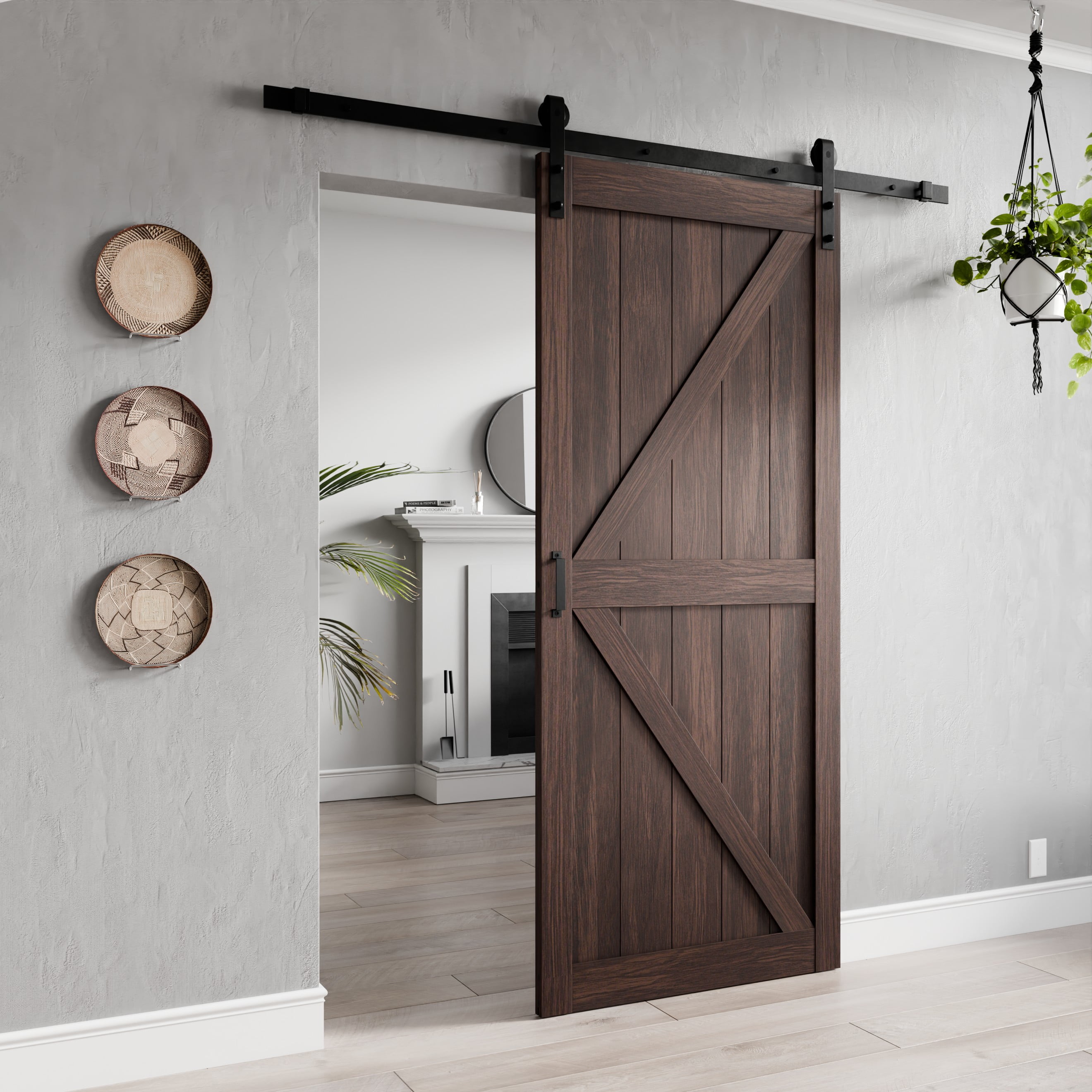 ANZZI Heavy Duty Sturdy Sliding Barn Door - 36x84'' Brown Sliding Wood ...