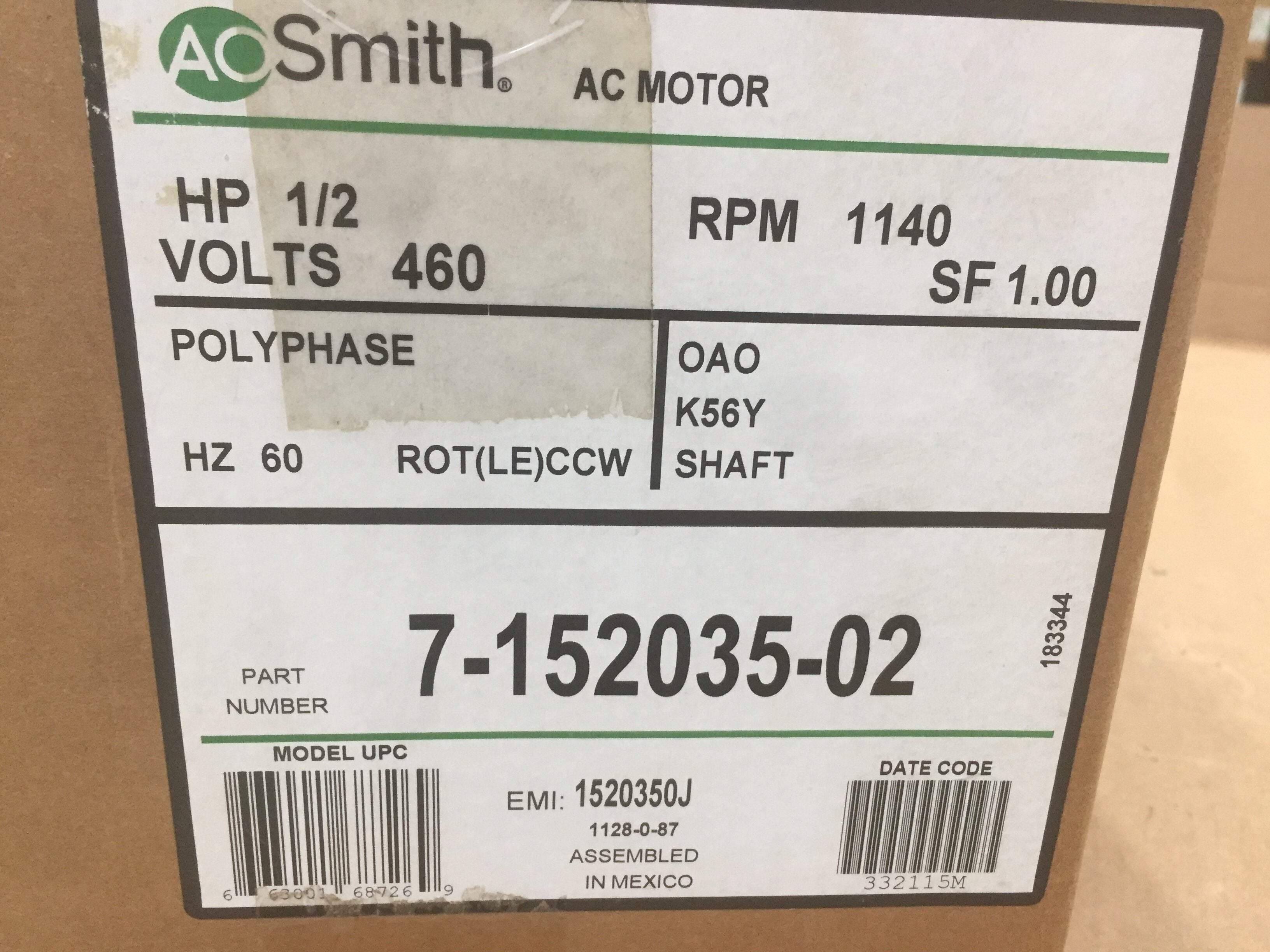AO SMITH 7-152035-02 1/2 HP ELECTRIC MOTOR 460/60/3 1140 RPM 1 SPEED ...