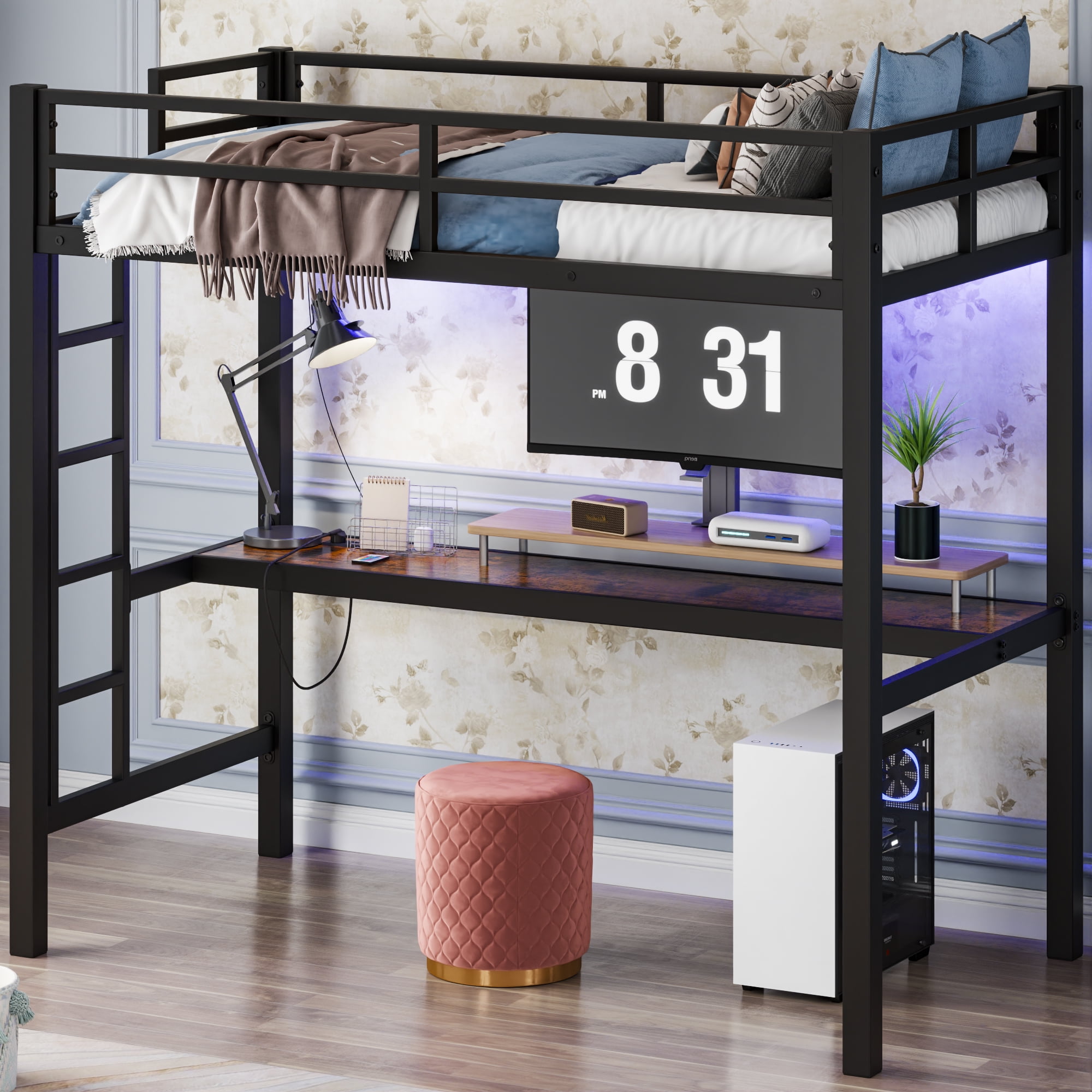 AOBABO LED Metal Twin Loft Bed,Loft Bed Frame Twin Size with Desk ...