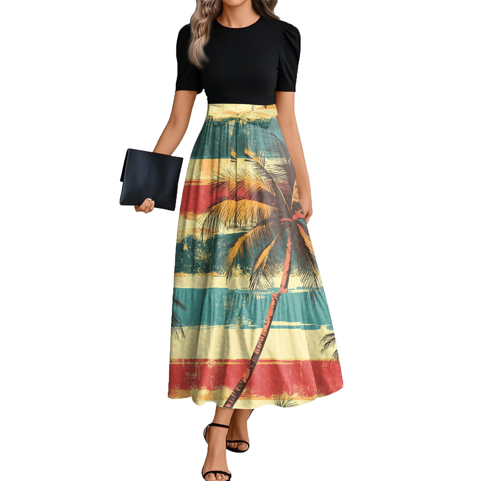 OIOLOYJM Summer Dresses for Women 2025 Hawaiian Print Short Sleeve Long ...