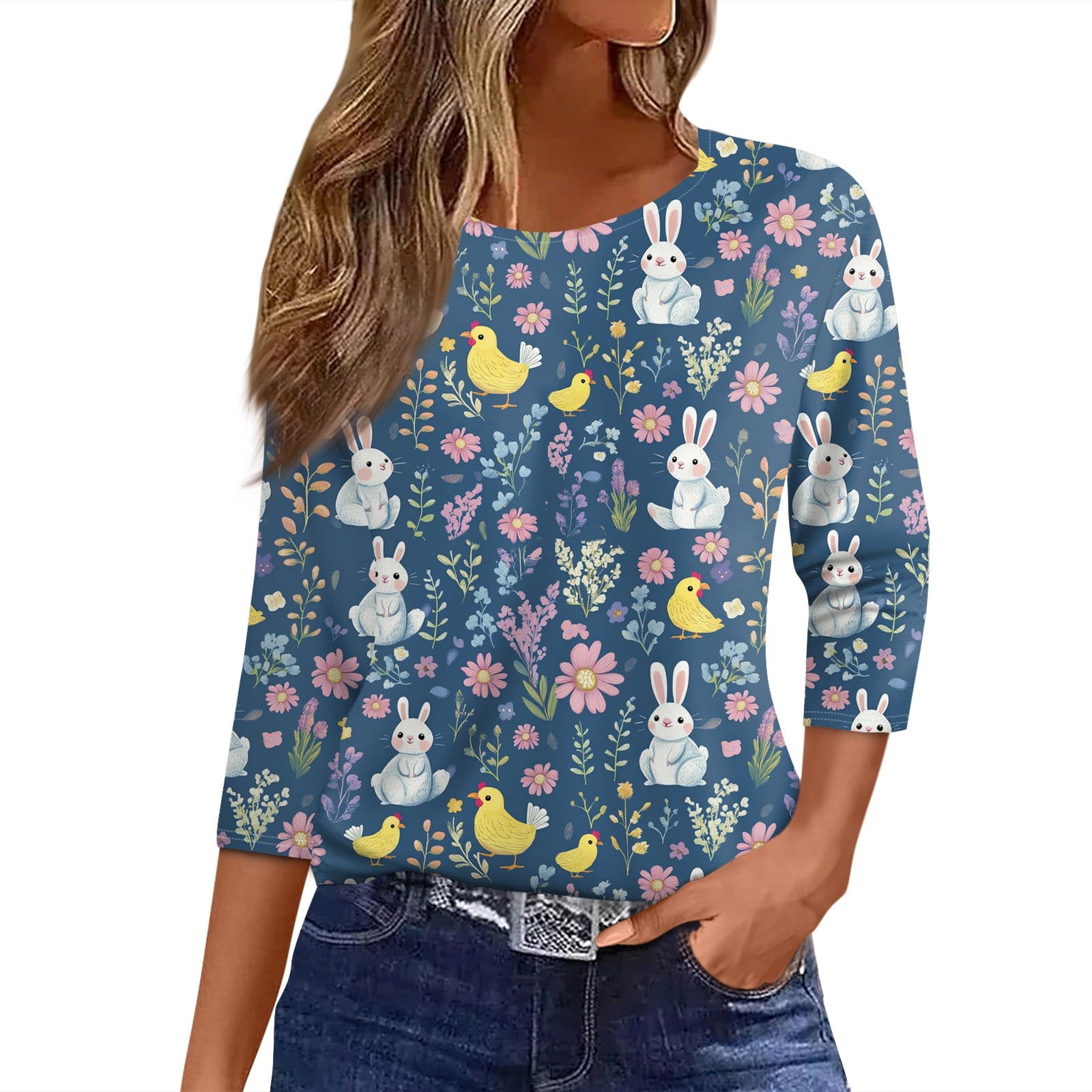 AOBLISS Women Easter Shirts Happy Rabbit Print Blouses Casual Three ...