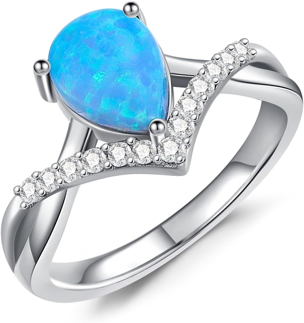 AOBOCO 925 Silver Blue Pear-Cut Opal Ring with Moissanite Interlaced ...