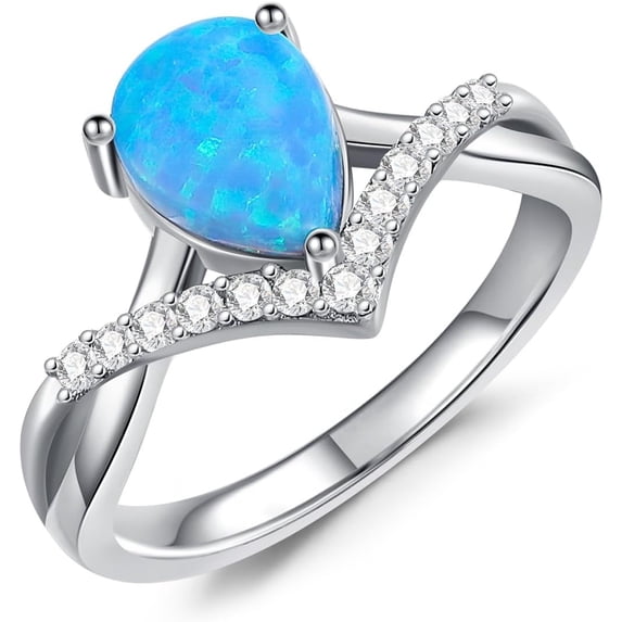 AOBOCO 925 Silver Blue Pear-Cut Opal Ring with Moissanite Interlaced ...
