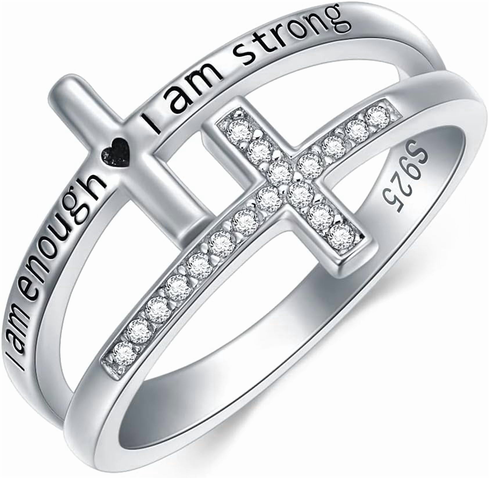 AOBOCO 925 Sterling Silver I am Enough Cross Ring I am Strong Band Ring ...