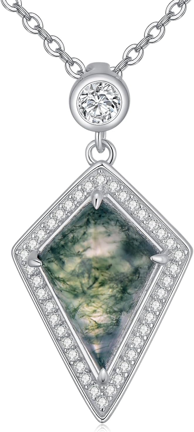 AOBOCO 925 Sterling Silver Natural Moss Agate Necklace for Women ...