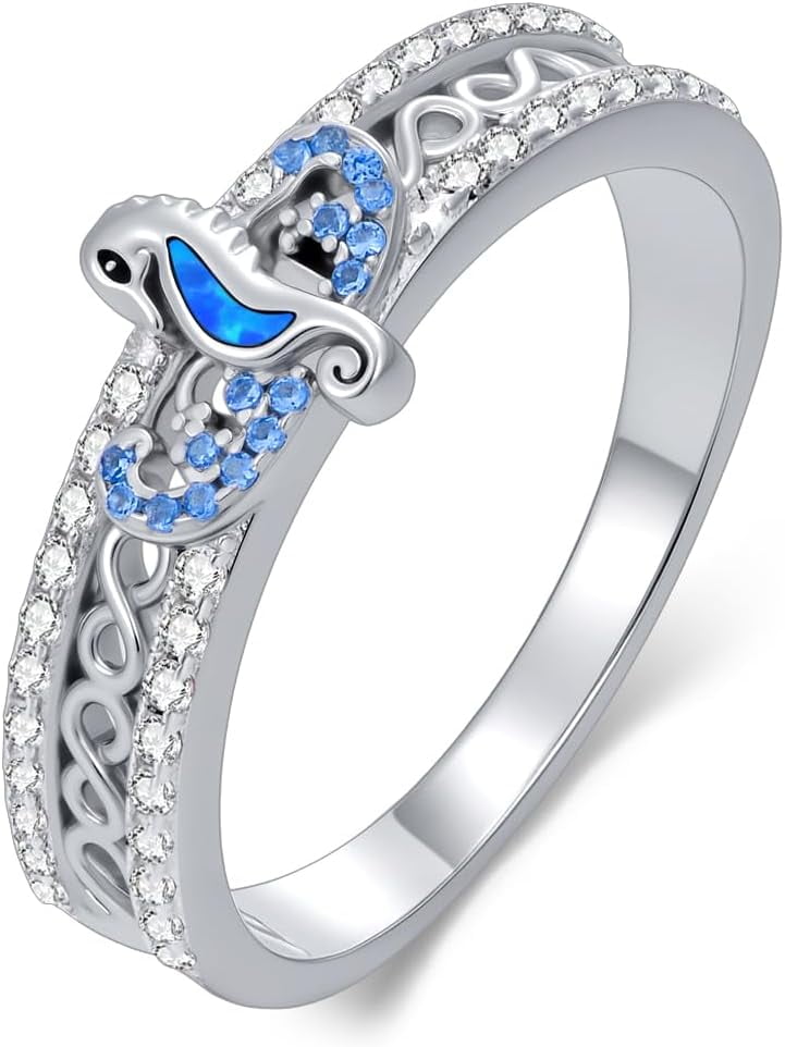 AOBOCO 925 Sterling Silver Seahorse Ring Infinity Blue Opal Sea Animal ...