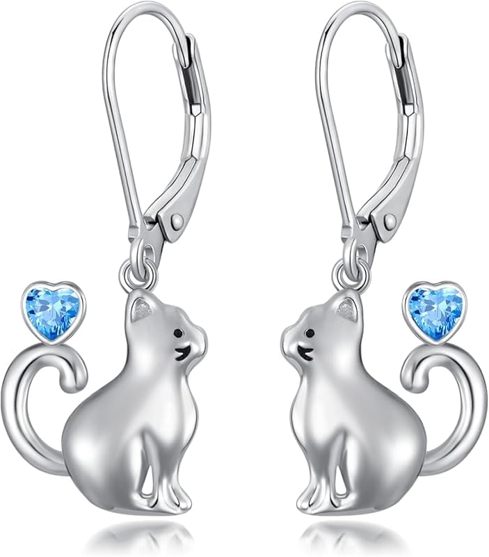 AOBOCO Cat Earrings for Women 925 Sterling Silver Cute Cat with Red ...