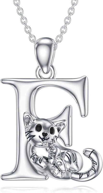 AOBOCO Cat Initial Pendant Necklace Silver A to Z Letters Alphabet ...