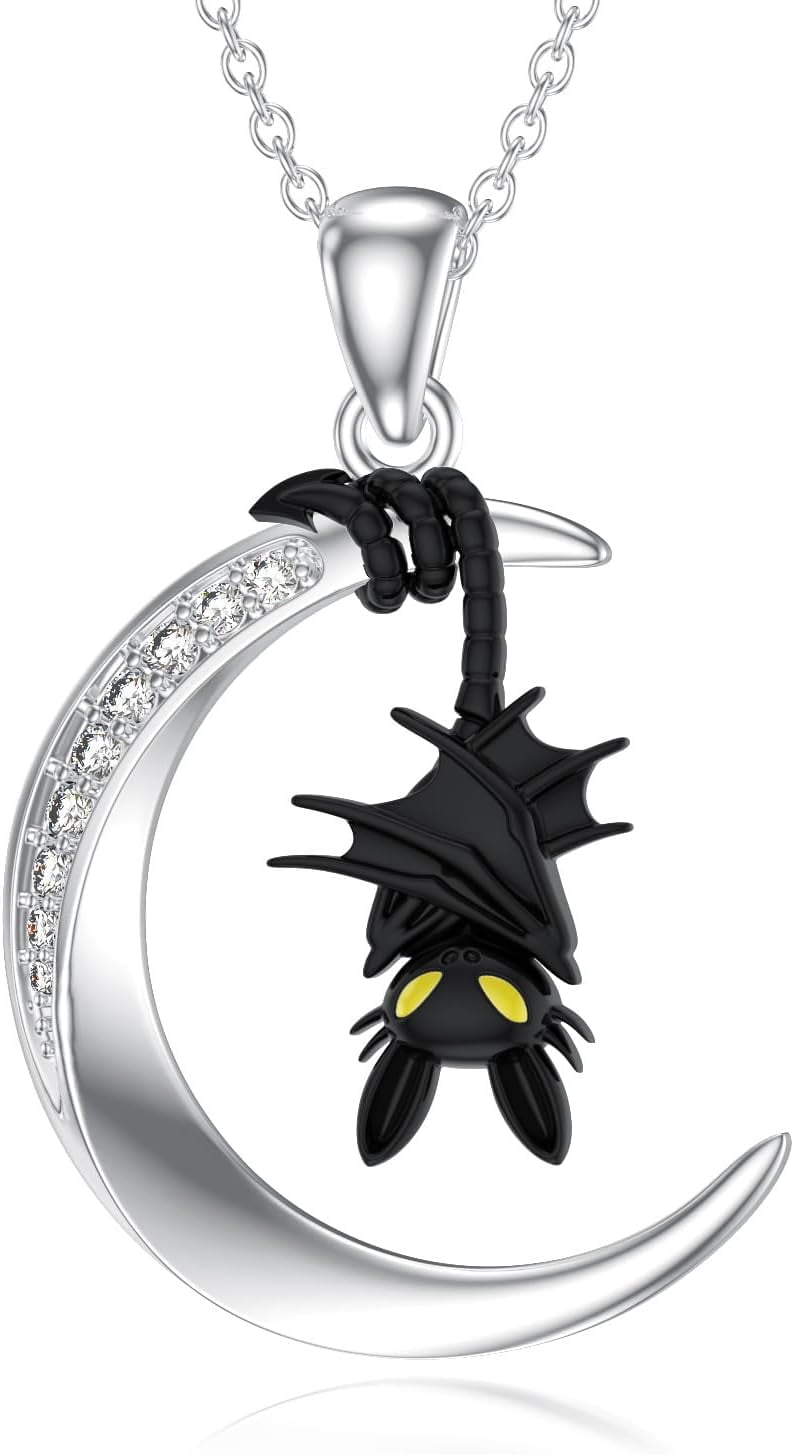 AOBOCO Diamond Bat Necklace Sterling Silver Halloween Moon Bat Pendant ...